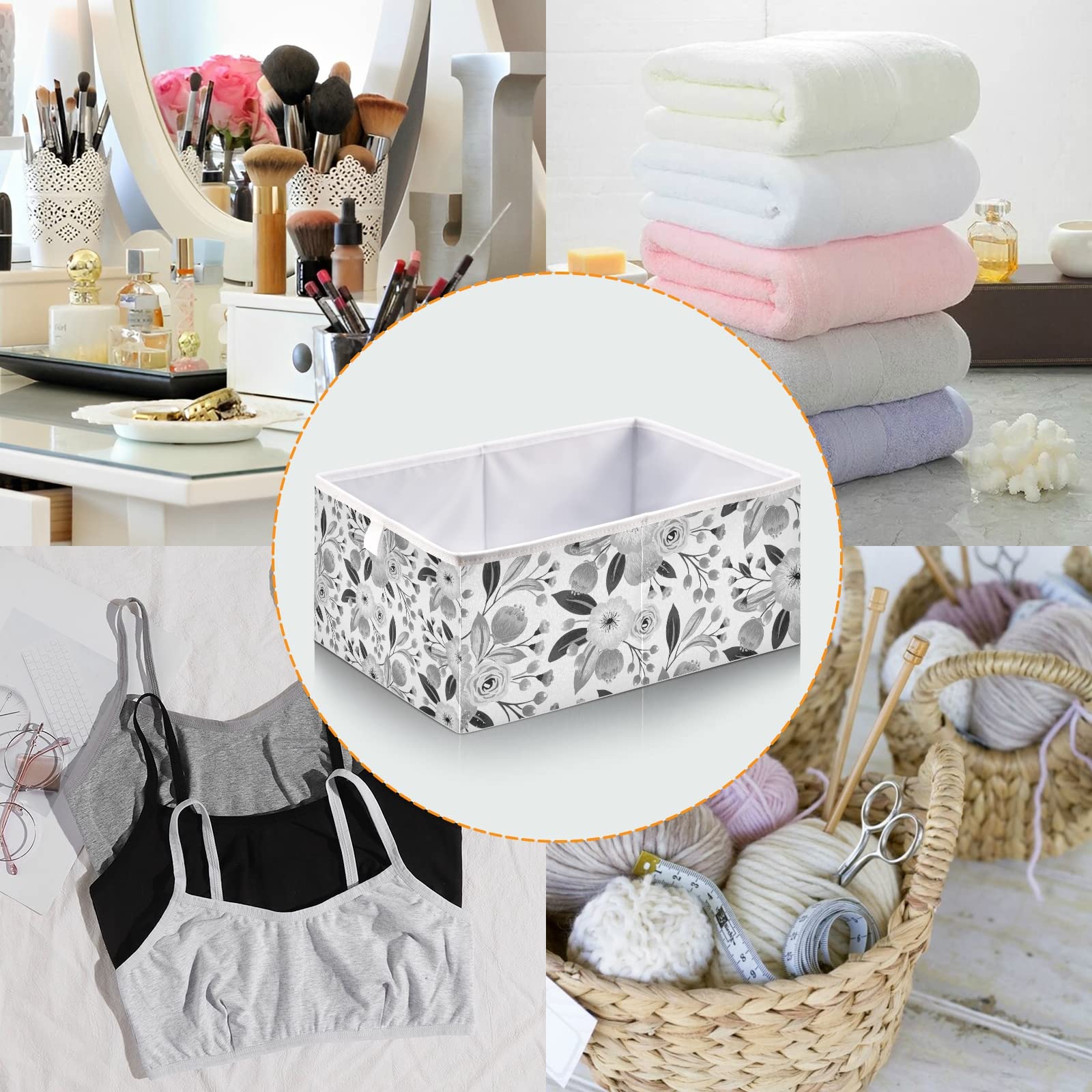 Poeticcity Black Grey Floral Flowers on White Square Storage Basket Bin, Collapsible Storage Box, Foldable Nursery Baskets Organizer for Toy, Clothes Easy to Assemble