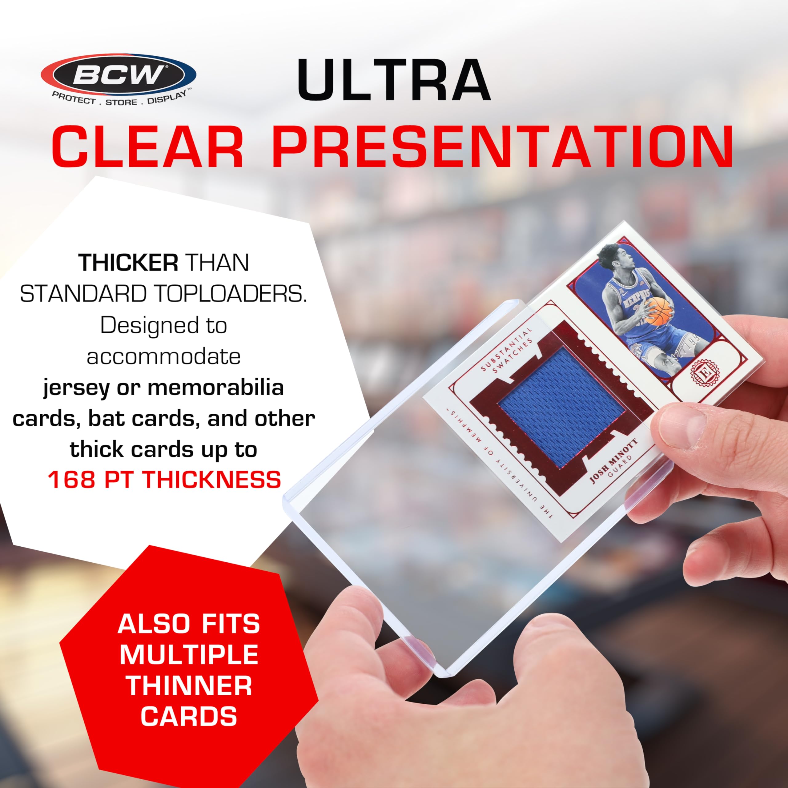 BCW Thick Card Topload Holder | Holds Relic, Patch, and Jersey Cards | Protective Card Sleeves for Collectibles and Trading Cards | Protective Rigid Plastic Display Card Holder (168 pt. / 4.25 MM)