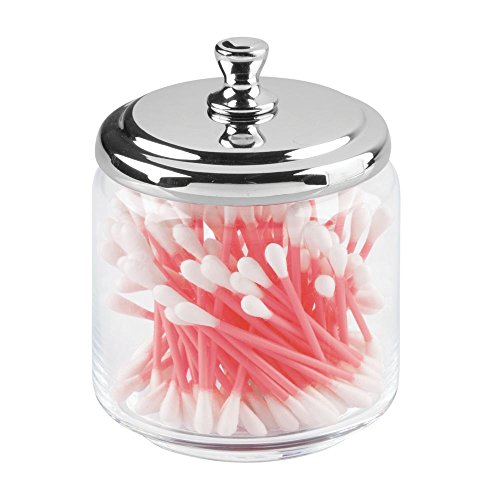 iDesign York Bathroom Vanity Glass Apothecary Jar for Cotton Balls, Swabs, Cosmetic Pads - Clear/Polished Lid,Small