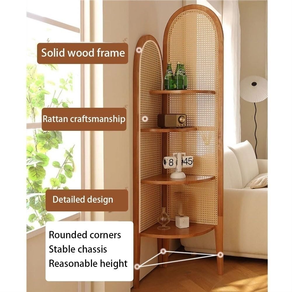 4-Tier Rattan Bookshelf, Free Standing Corner Storage Cabinet, Triangular Rattan Shelf, Corner Wall Shelf with Solid Wood Frame for Living Room, Bedroom, Office(Orange)