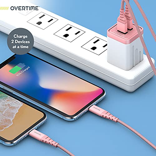 iPhone Charger Set, 2-Pack Overtime Apple MFi Certified Lightning Cables with 1 Dual USB Wall Adapter - 2.4 AMP Compatible w/iPhone 11 Pro Max XS XR X 8 7 6S 6 Plus SE iPad (Rose Gold/Rose Gold, 10ft)