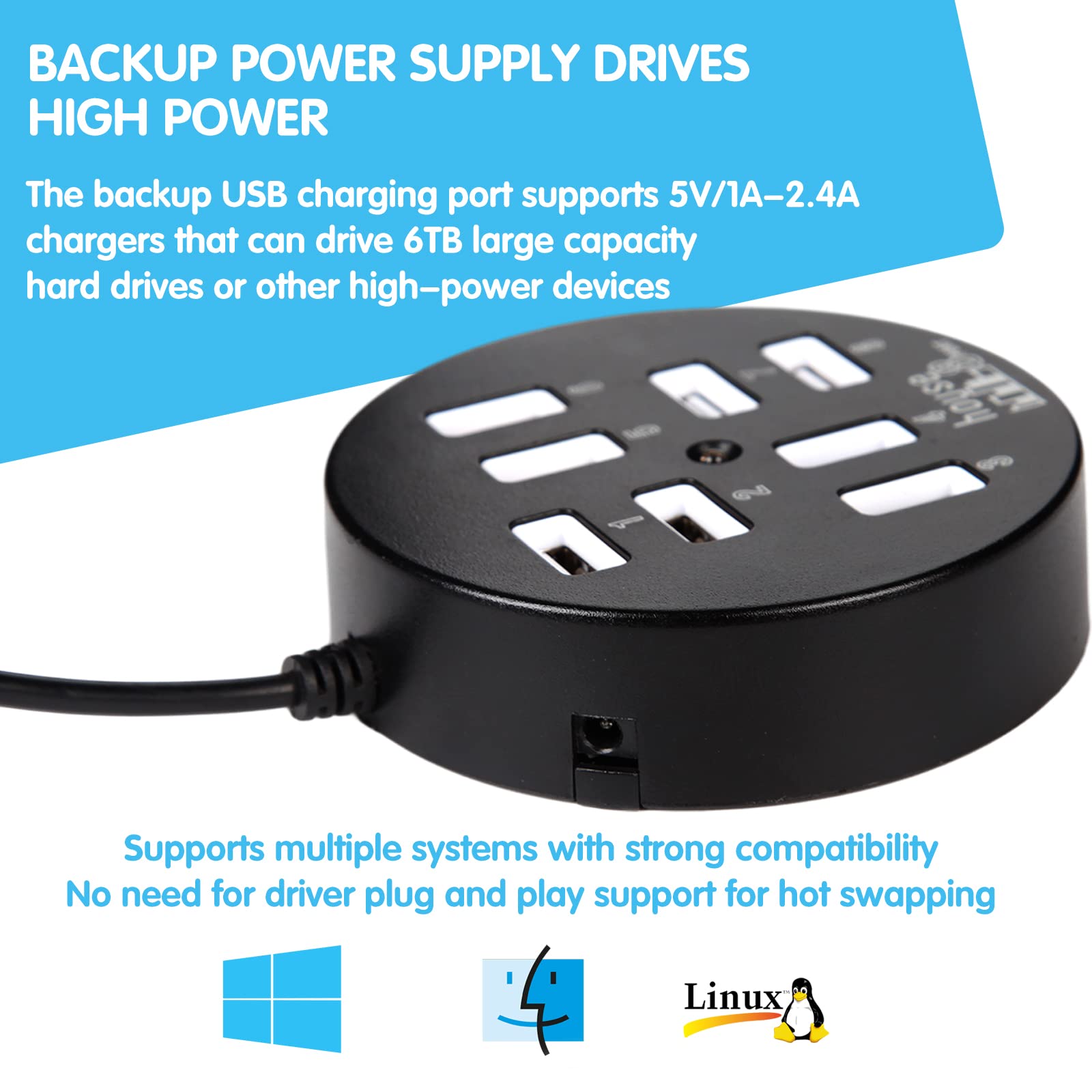 8 Ports USB Charger, Multi-Port Data Transmission Splitter, USB 2.0 Hub Round Shape Adapter with LED for Phone, USB Flash Disk, PC, Tablet, and Other USB Devices