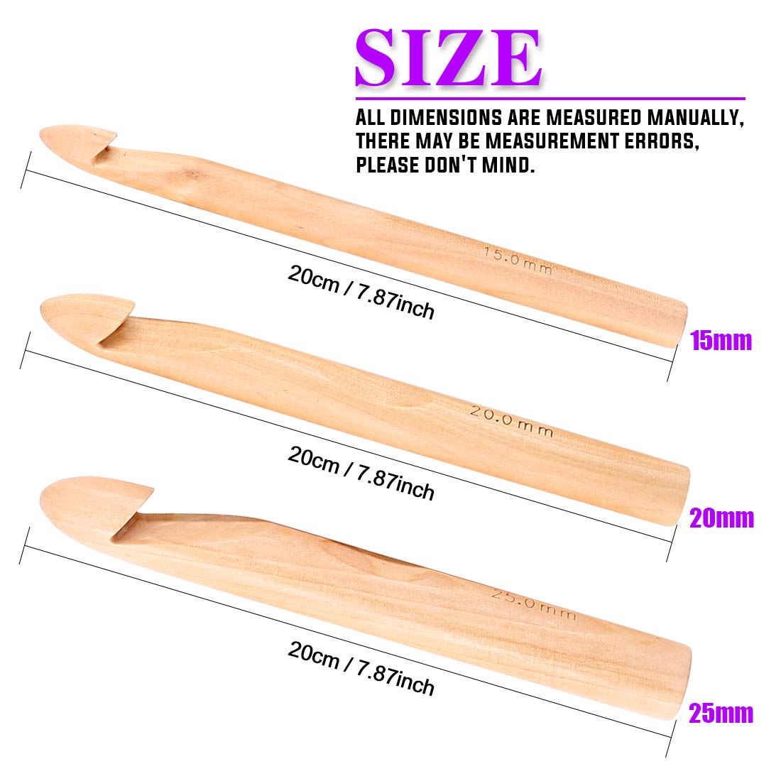 24Pcs Crochet Hooks Kit, Including 3mm-25mm 15Pcs Assorted Sizes Wooden Bamboo Crochet Hooks and 9Pcs Multi-Coloured Aluminum 2mm-10mm Handle Crochet Hooks for Handcrafted Knitting Needles