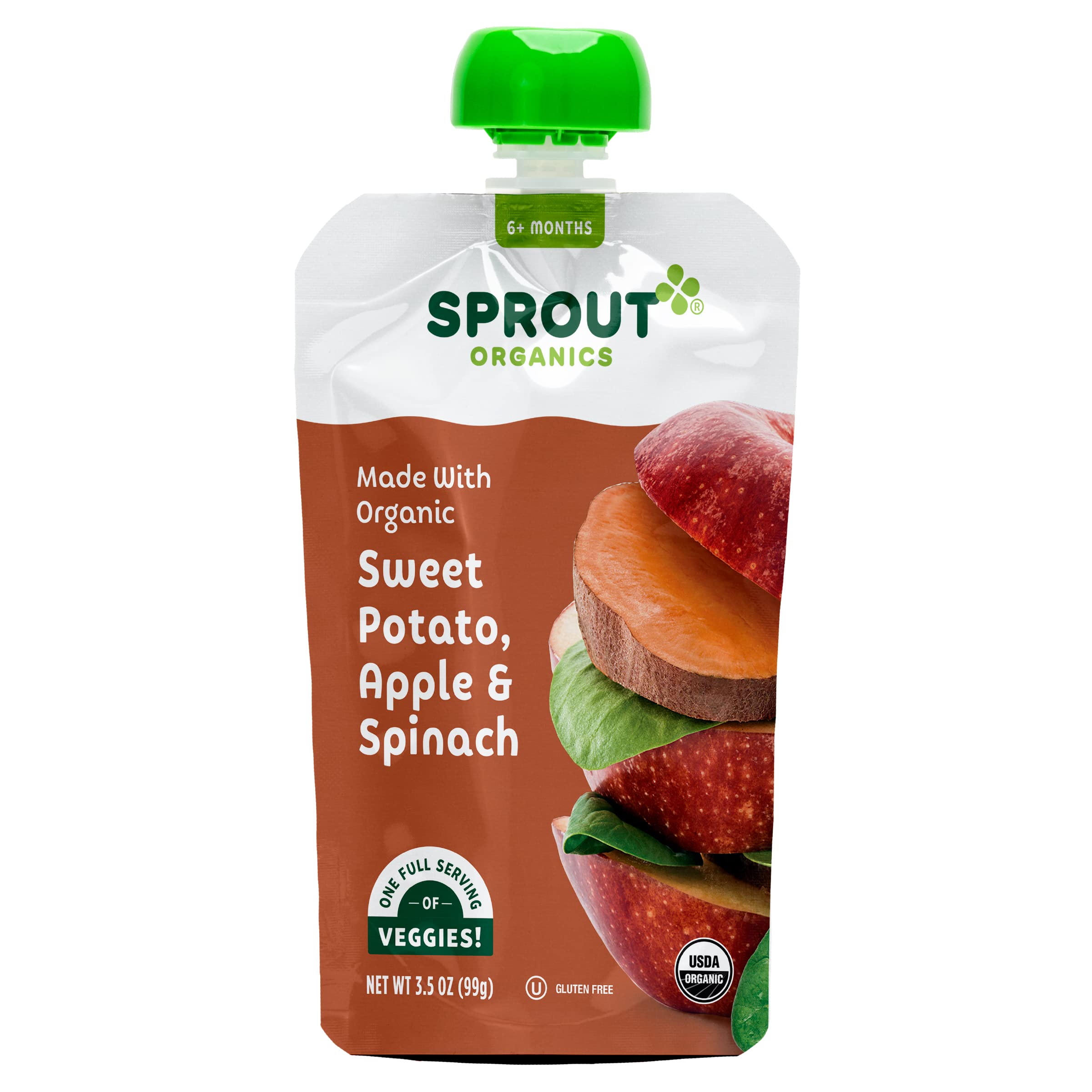 Sprout Organic Baby Food, Stage 2 Pouches, Sweet Potato Apple and Spinach, 3.5 Oz Purees (Pack of 12)