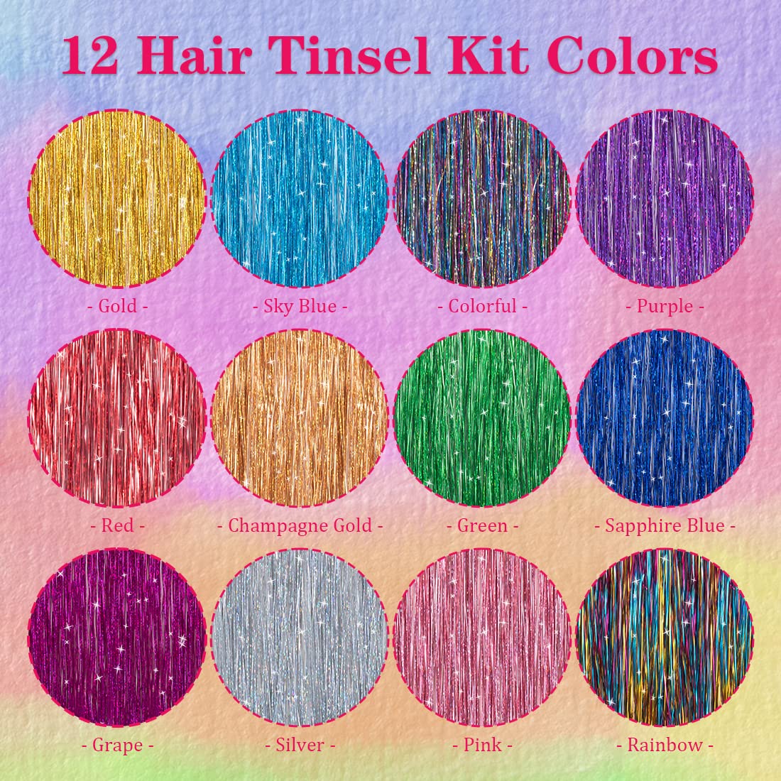 UPTOUP 46 inch Hair Tinsel Kit with Tools 12 Colors 2000 Strands Glitter Sparkling Shiny Hair Extensions Silk Fairy (12 colors)