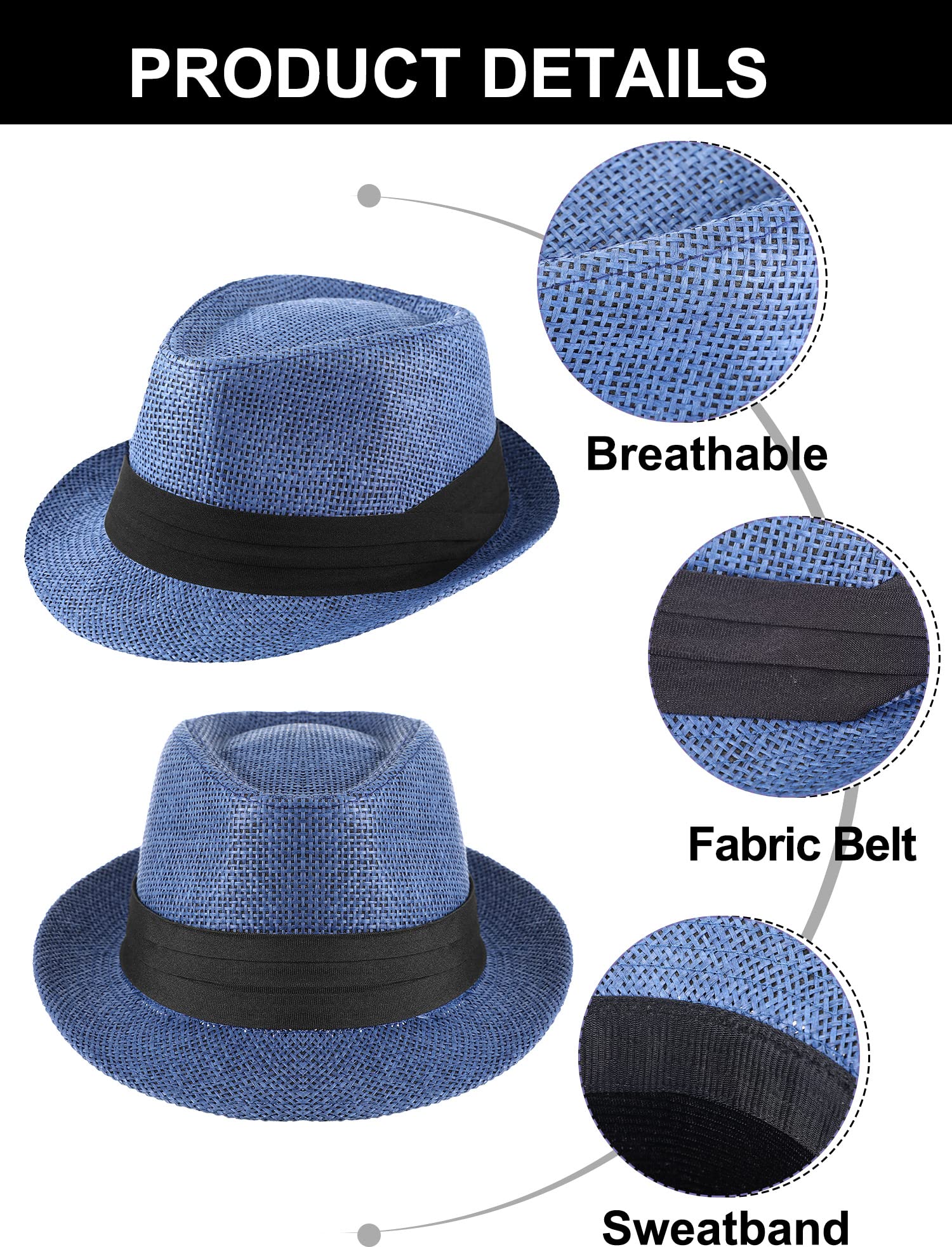 4 Pieces Straw Hats for Men Women Summer Panama Short Brim Hat with Black Band (Retro Style)