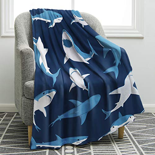 Jekeno Cartoon Shark Blanket Blue Soft Warm Print Throw Blanket for Kids Adult Office Gift 50"x60"