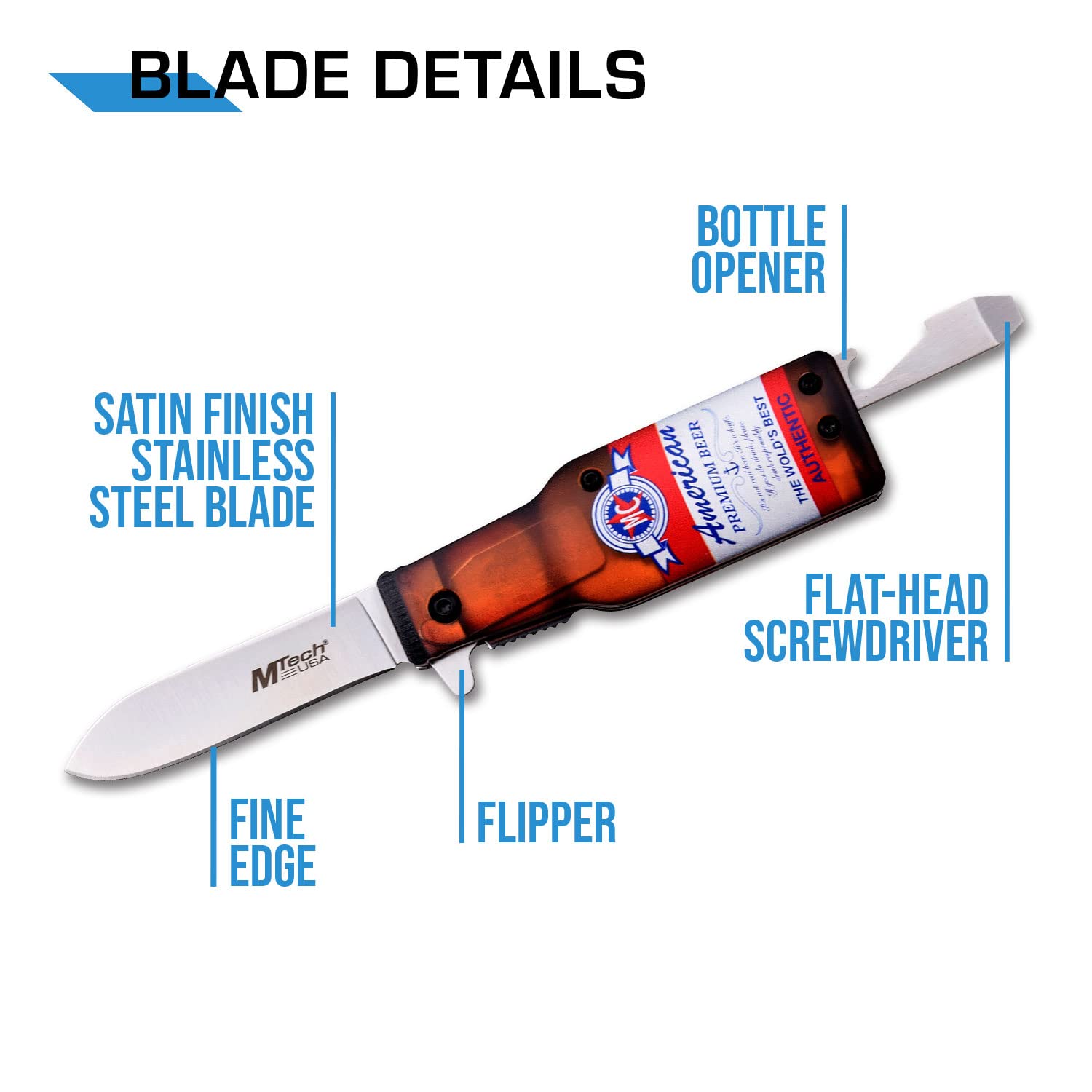 MTECH USA β Spring Assisted Folding Knife β Stands Upright β American Beer Knife - Stainless Steel Blade w/ABS Handle Shaped Like a Bottle, Bottle Opener, Screwdriver, Pocket Clip - EDC β MT-A1195A