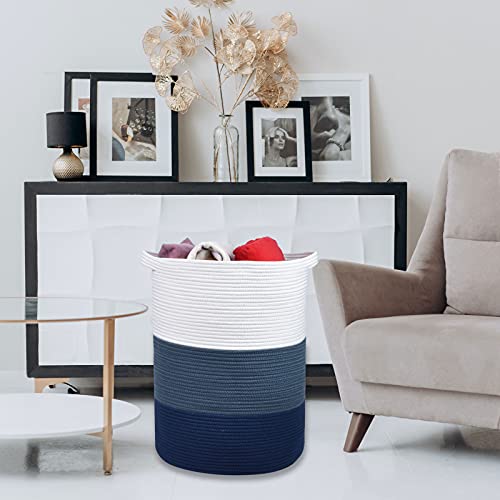 BOSROTY Extra Large Blanket Basket, Tall Laundry Basket, Laundry Hamper, Large Storage Basket, 15.7βx 21.7β,Cotton Rope Basket, Woven Basket, Toy Basket, Clothes Baskets, White&Cadet Blue&Navy Blue