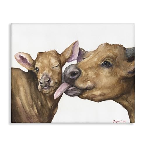 Stupell Industries Baby Cow Family Animal Watercolor Painting Wall Art, 24x30, Gallery Wrapped Canvas
