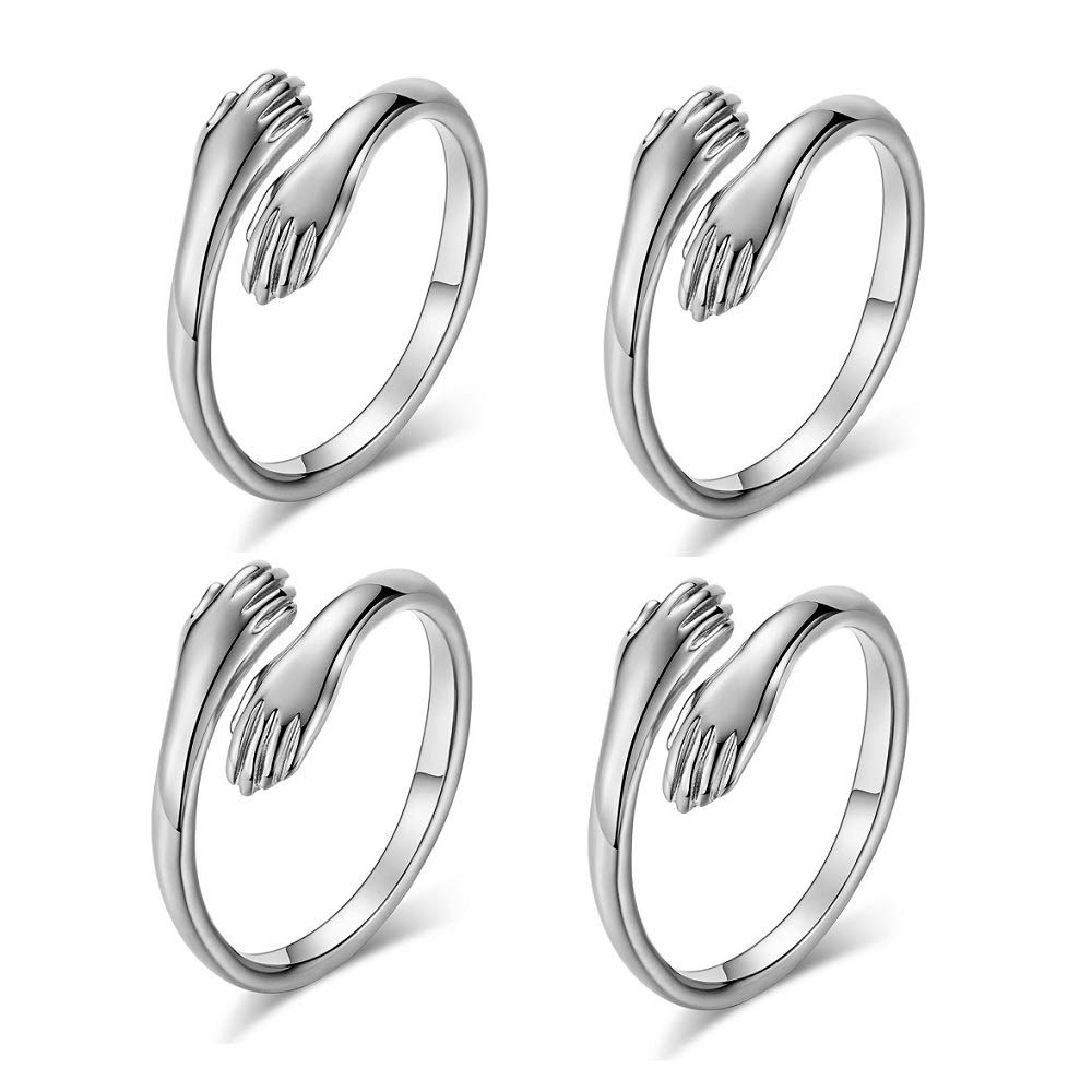 4 Pieces Hugging Hands Rings Gold Silver Hands Embrace Open Rings Adjustable Couple Hug Rings Romantic Lover Wedding Ring Jewelry Gifts-Silver