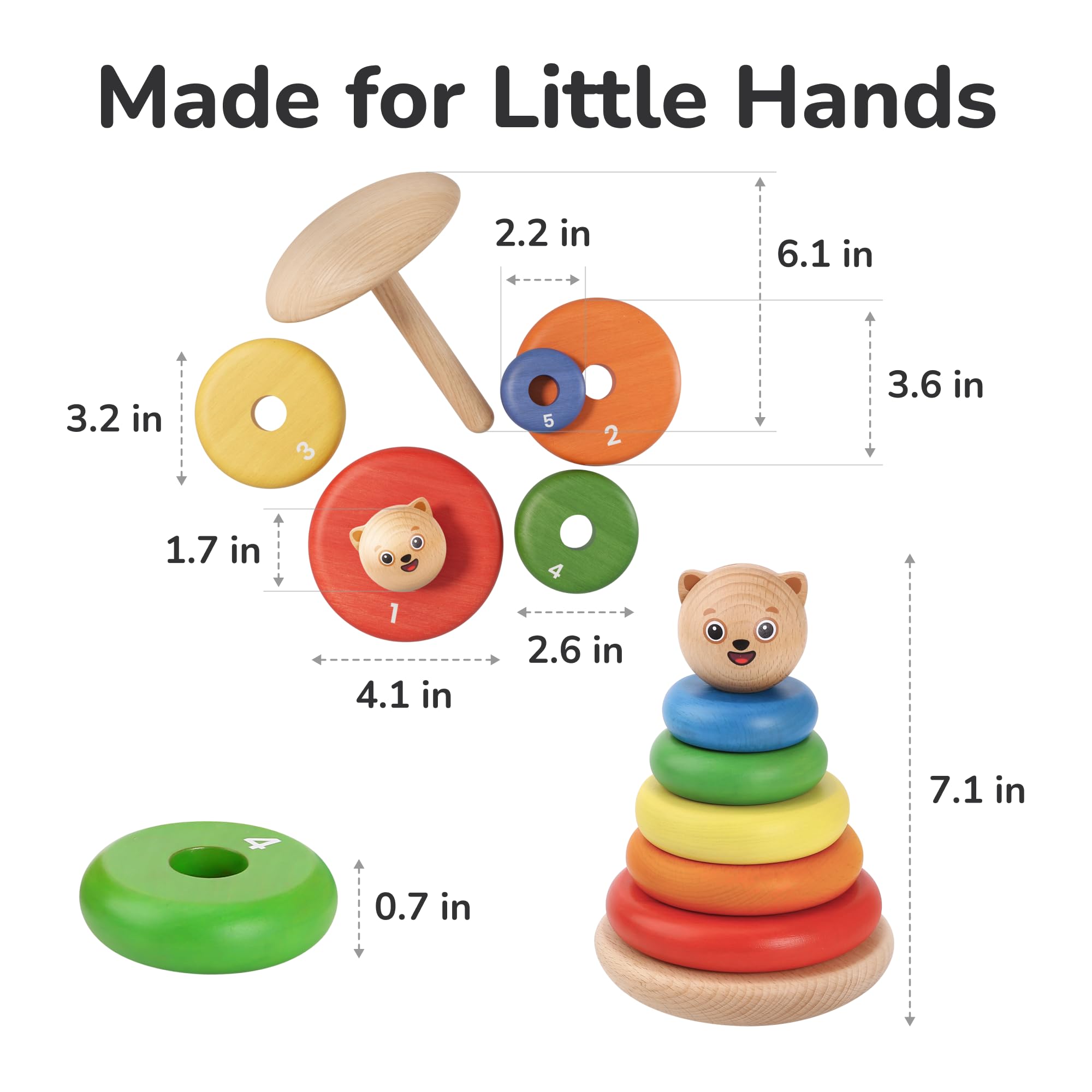 Bimi Boo Wooden Rainbow Stacking Rings for Toddlers - Ring Stacker Baby Toy with Roly-Poly Base - Montessori Early Counting Toy, Size Recognition Learning Activity - Ideal Baby Gift (5 Rings)