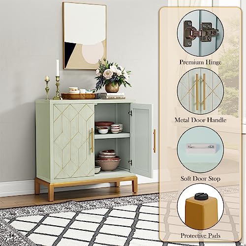 ARTPOWER Accent Cabinet with Doors, Modern Wooden Sideboard, Carved Decorative Storage Cabinets for Bedroom, Living Room, Kitchen, Office, and Hallway, Green with Gold Legs