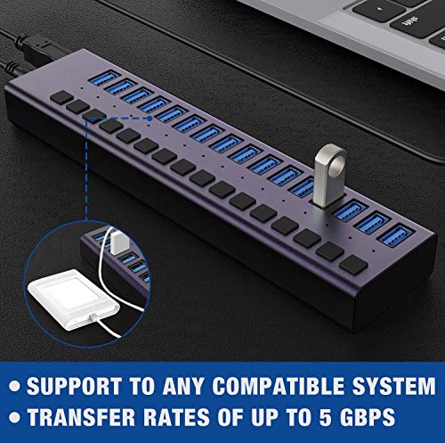 USB 3.0 Hub -16 Ports Powered USB Hub 90W USB Charging Hub with Individual On/Off Switches and 12V/7.5A Power Adapter and Lights for PC, Laptop, Computer, Mobile HDD, Flash Drive and More(Purple)