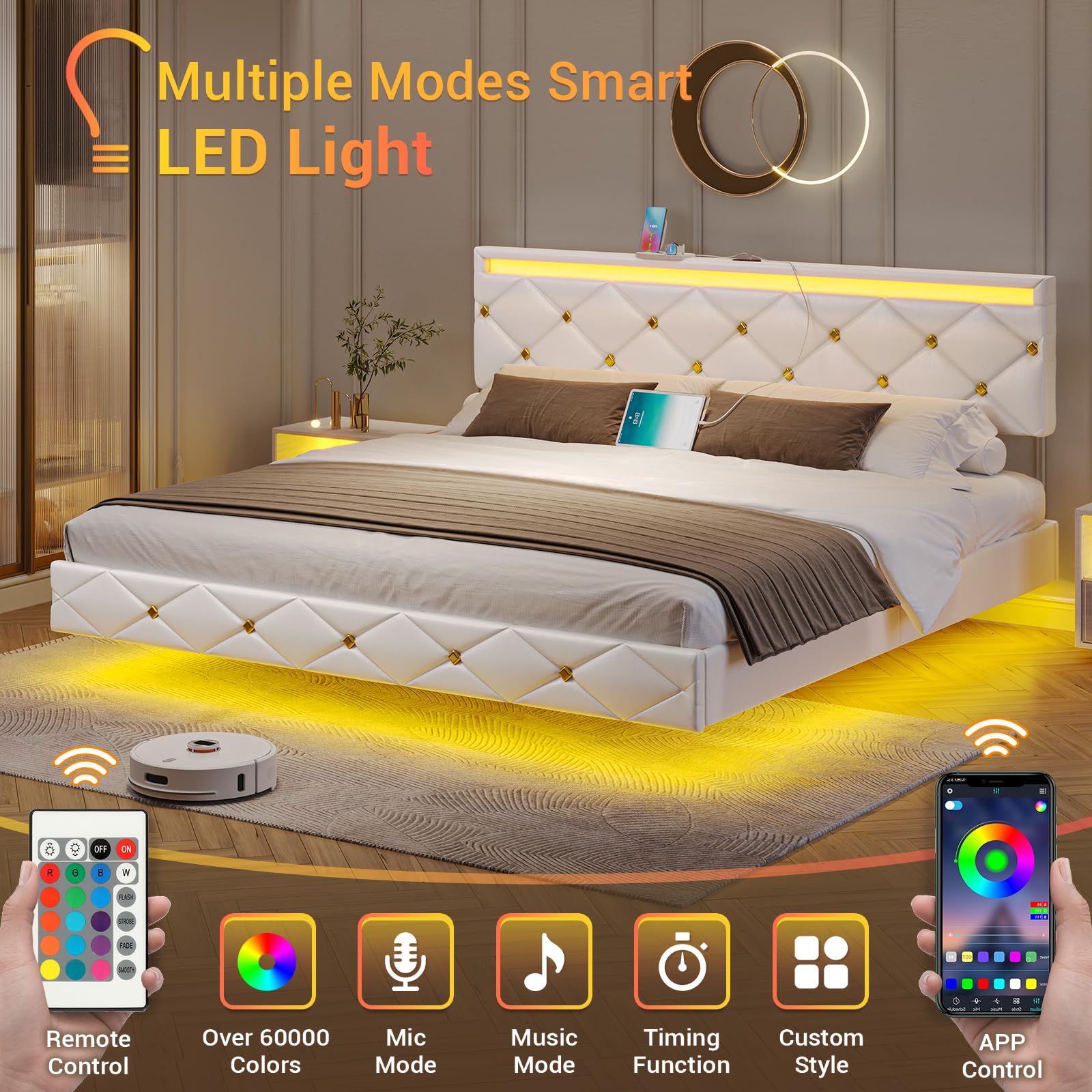 Hasuit Floating Bed Frame King Size with LED Lights and Charging Station, Modern King Platform Bed with Vegan Leather Upholstered Headboard, No Box Spring Needed, Noise Free, Easy to Assemble