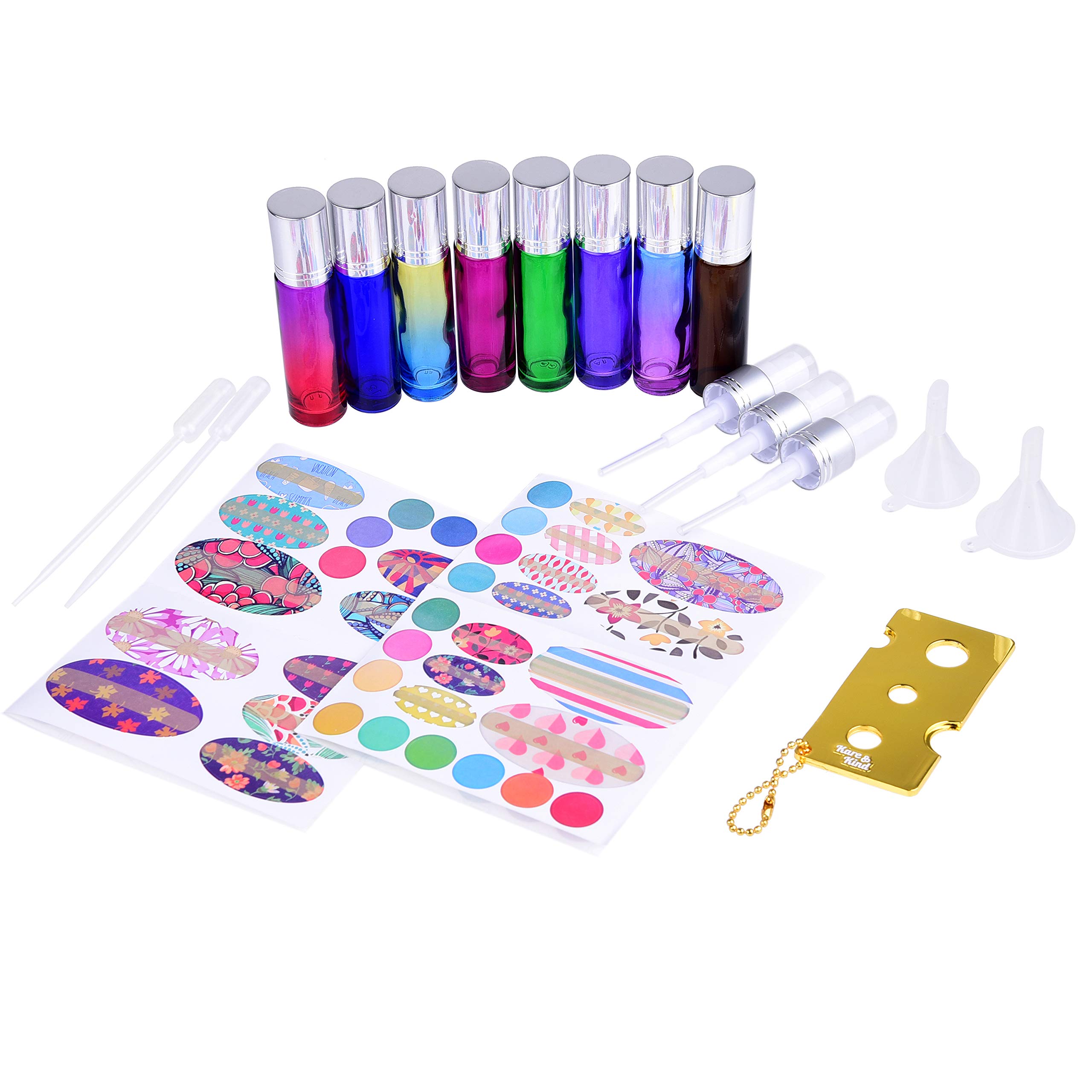 Kare & Kind Essential Oil Bottle Kit - 8x Essential Oil Bottle (0.35 oz - 10 ml), 8x Roller Ball Cap, 3x Fine Mist Sprayer, 1x Tool for Opening Bottles, 78x Label, 2x Mini Dropper, 2x Mini Funnel