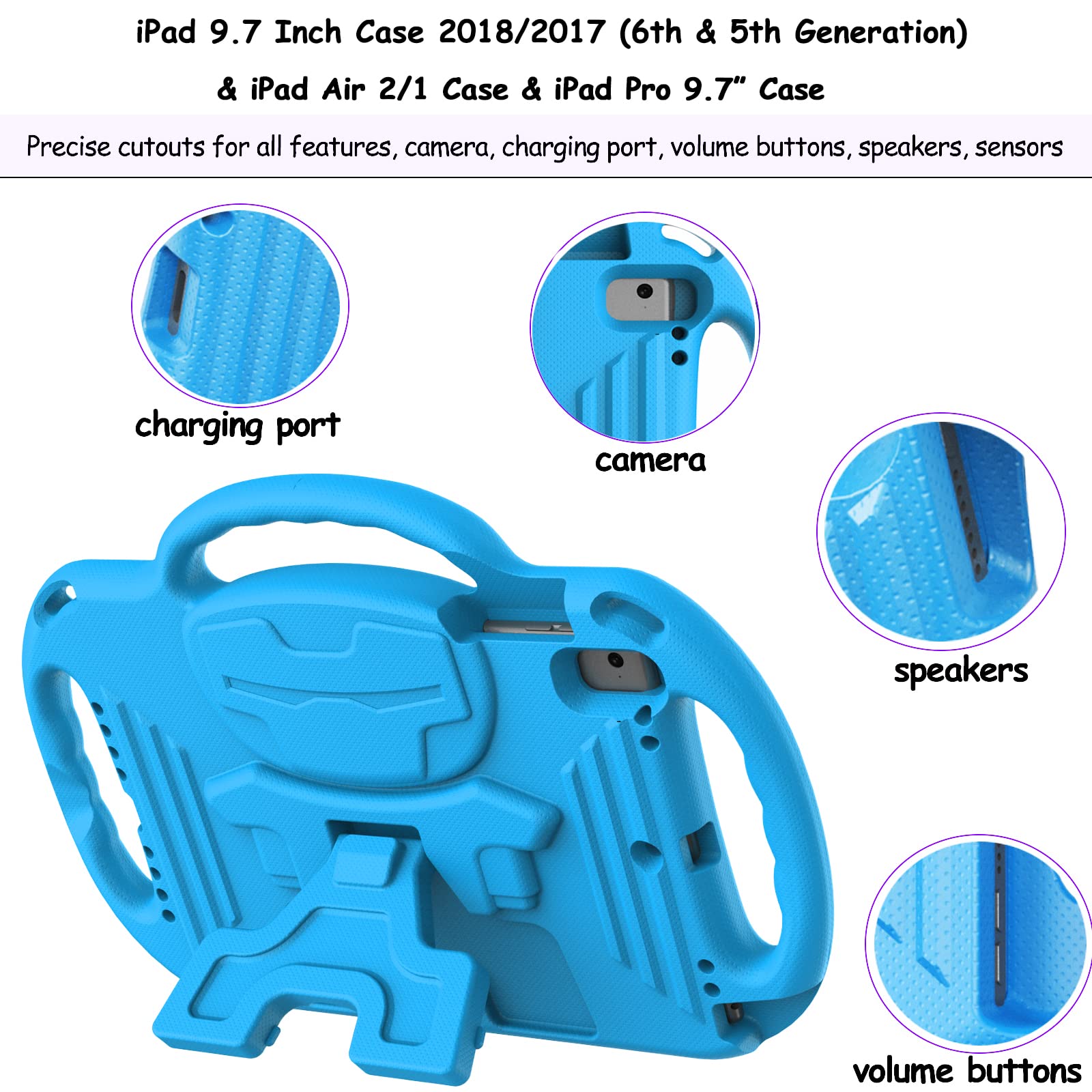LTROP Kids Case for iPad 5th/6th Generation (2017/2018) & Air 2, Shoulder Strap Handle Stand Shockproof Bumper Cute Kid Case for iPad 9.7 Inch, Blue