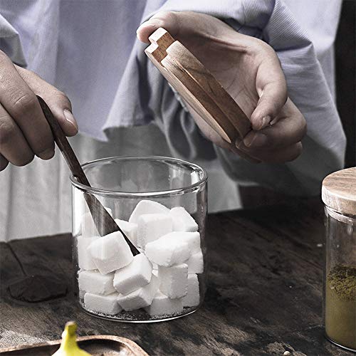 Freehawk Condiment Container Seasoning Box Set Salt Sugar Spice Pepper Condiment Container Kitchen Cruet Seasoning Pots with Bamboo Wooden Spoon Lid and Base,Set of 3(250ml Round Shape)
