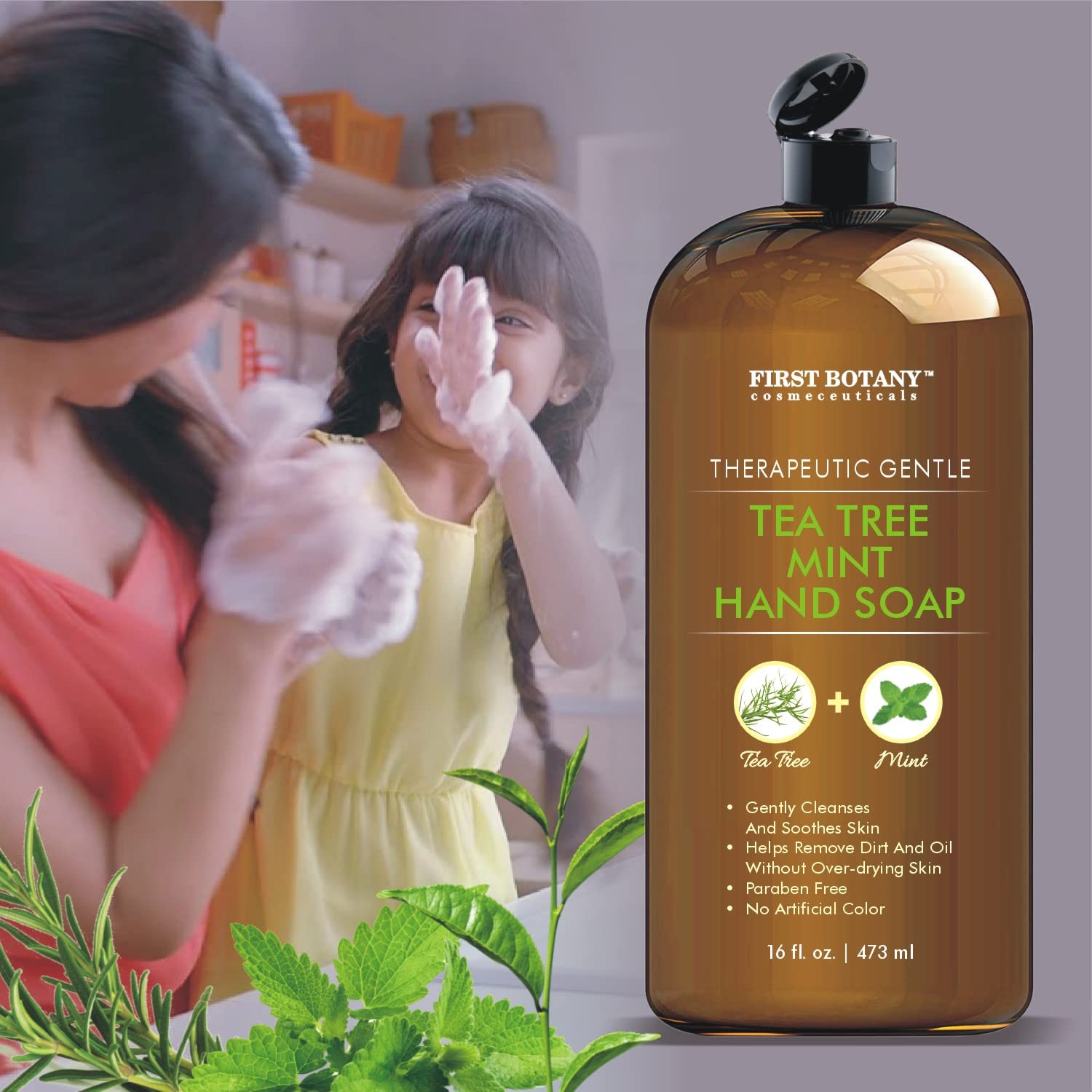 First Botany Tea Tree Mint Hand Soap - Liquid Hand Soap with Peppermint, Jojoba & Coconut Oil Multipurpose Liquid Soap Natural Bathroom Soap & Liquid hand wash - 16 oz