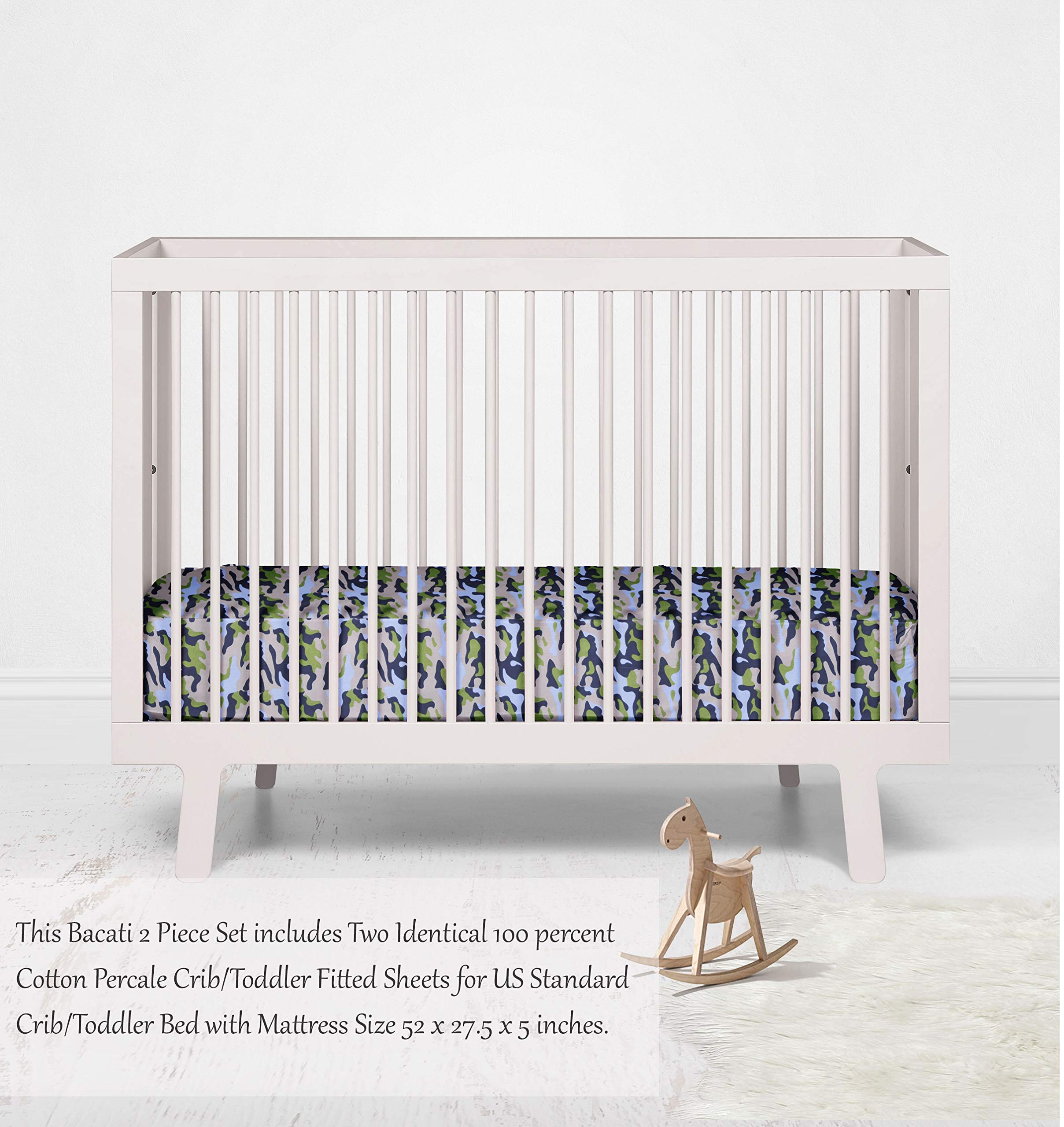 Bacati - 2 Pack Crib Fitted Sheets - CAMO Blue Navy Green Beige Soft Breathable 100% Cotton Percale Baby Sheets - Fits Standard 28 x 52 X 5 inches Crib & Toddler Mattresses