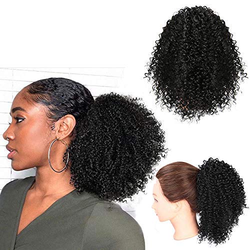 Vigorous Afro Drawstring Ponytail Kinky Curly Ponytail Drawstring Afro Puffs Curly Ponytail Extension for Women Synthetic 10 Inch Curly Ponytail (Black 1B#)