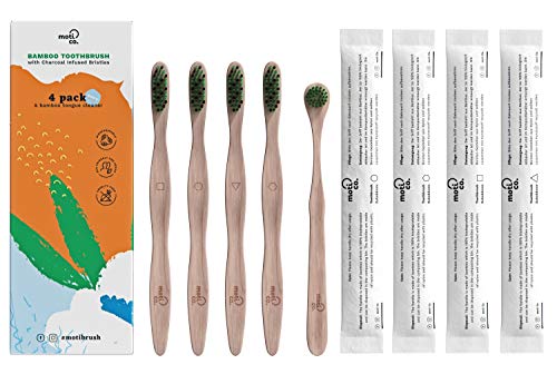 MOTI CO. Bamboo Toothbrushes 4 Pack - Tongue Cleaner Gift Inside - Soft Charcoal Bristles - Eco-Friendly and Biodegradable - Healthier Teeth and Planet