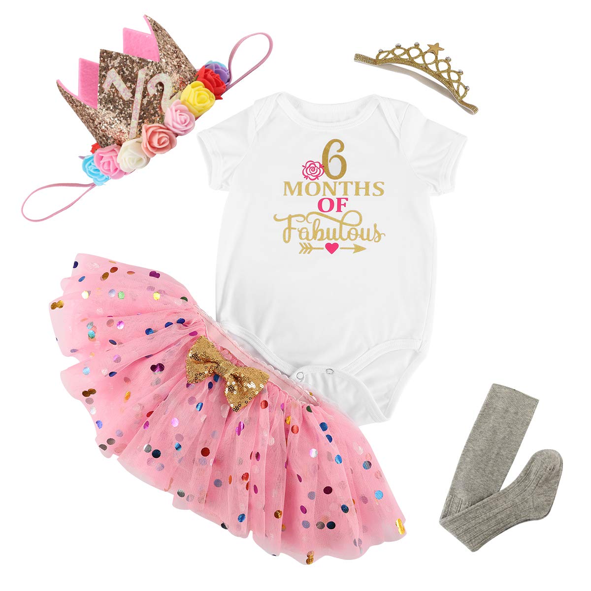 HOSUKKO Princess Half Birthday Outfit Baby Girl, Premium 1/2 Birthday Outfit Girl, Infant Cake Smash Outfits for 6 Months Girls (Short Sleeve, 5PCS)