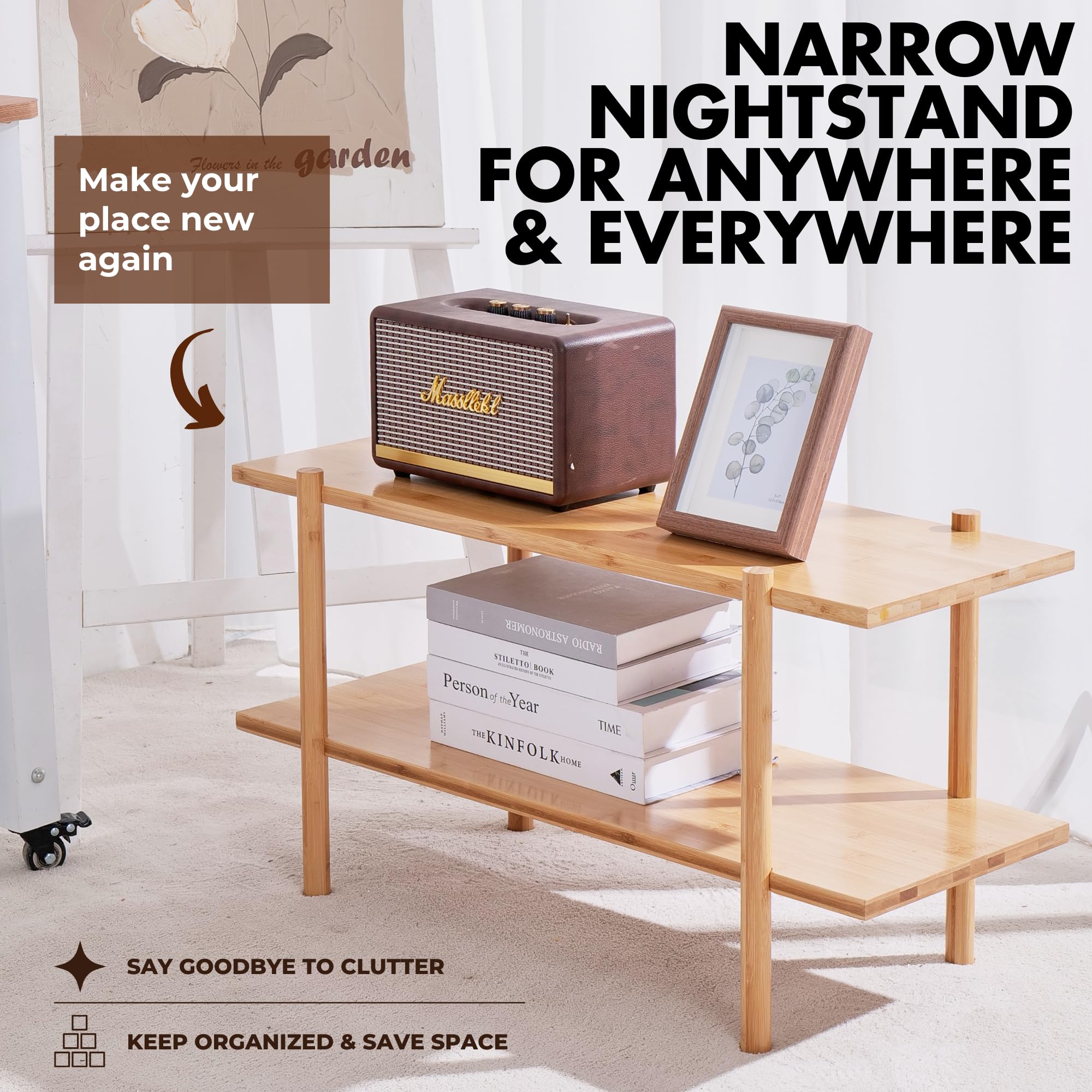 Neat Nest 2 Tier Narrow Side Table - Bamboo Narrow Nightstand with Storage Shelf - 30 Inches Wide - Slim Nightstand for Living Room, Bedroom Study and Balcony