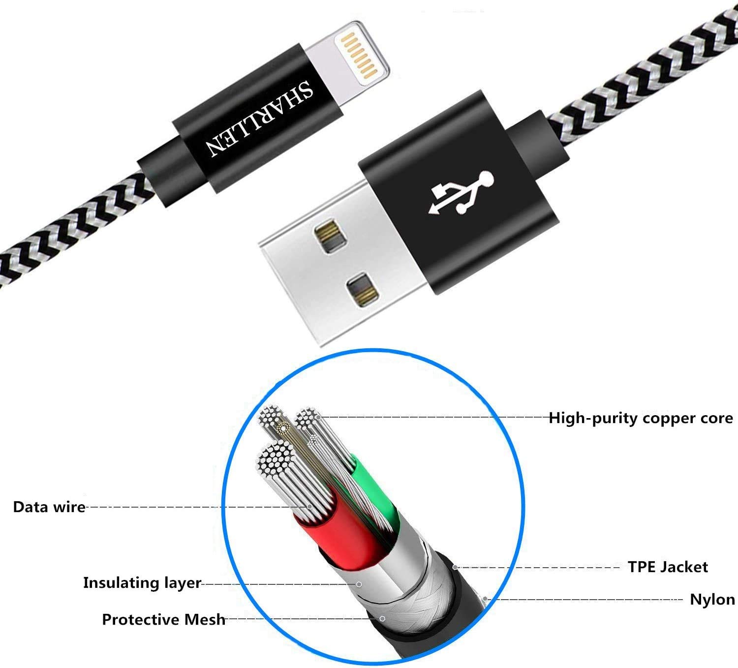 sharllen iPhone Cable 5Pack 3FT/6Foot/10Feet MFi Certified Nylon Braided Fast USB Charging&Syncing Charger Cord Wire Lightning Cable Compatible iPhone11/XS/Max/XR/X/8P/7Plus/6s P/6/6P/iPad/iPod Black