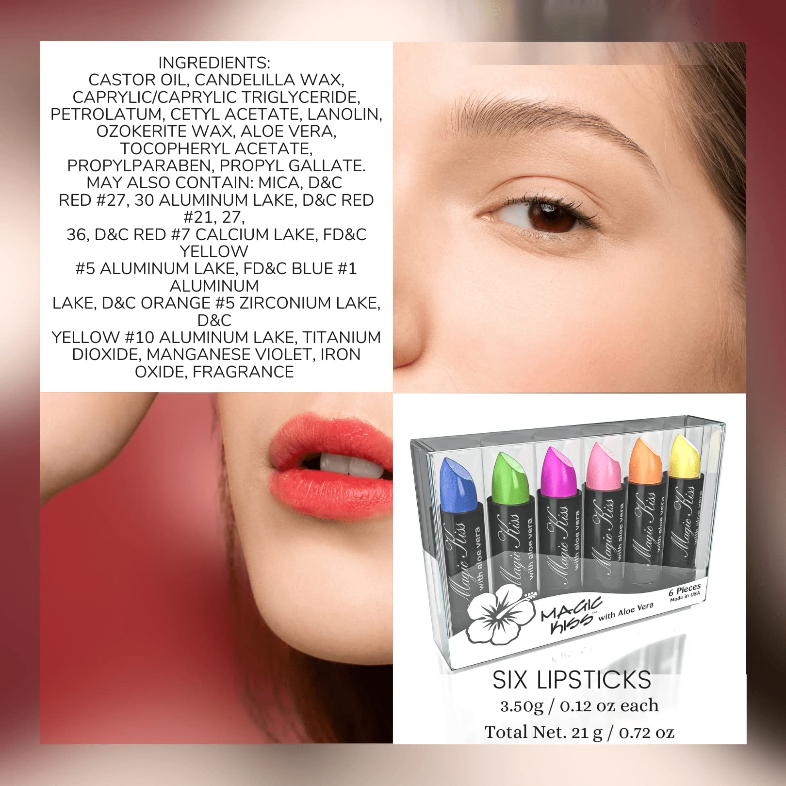 Magic Kiss Color Changing Matte 6 Piece Lipstick Set infused with Aloe Vera Made in USA (Colors of Aloha 1)
