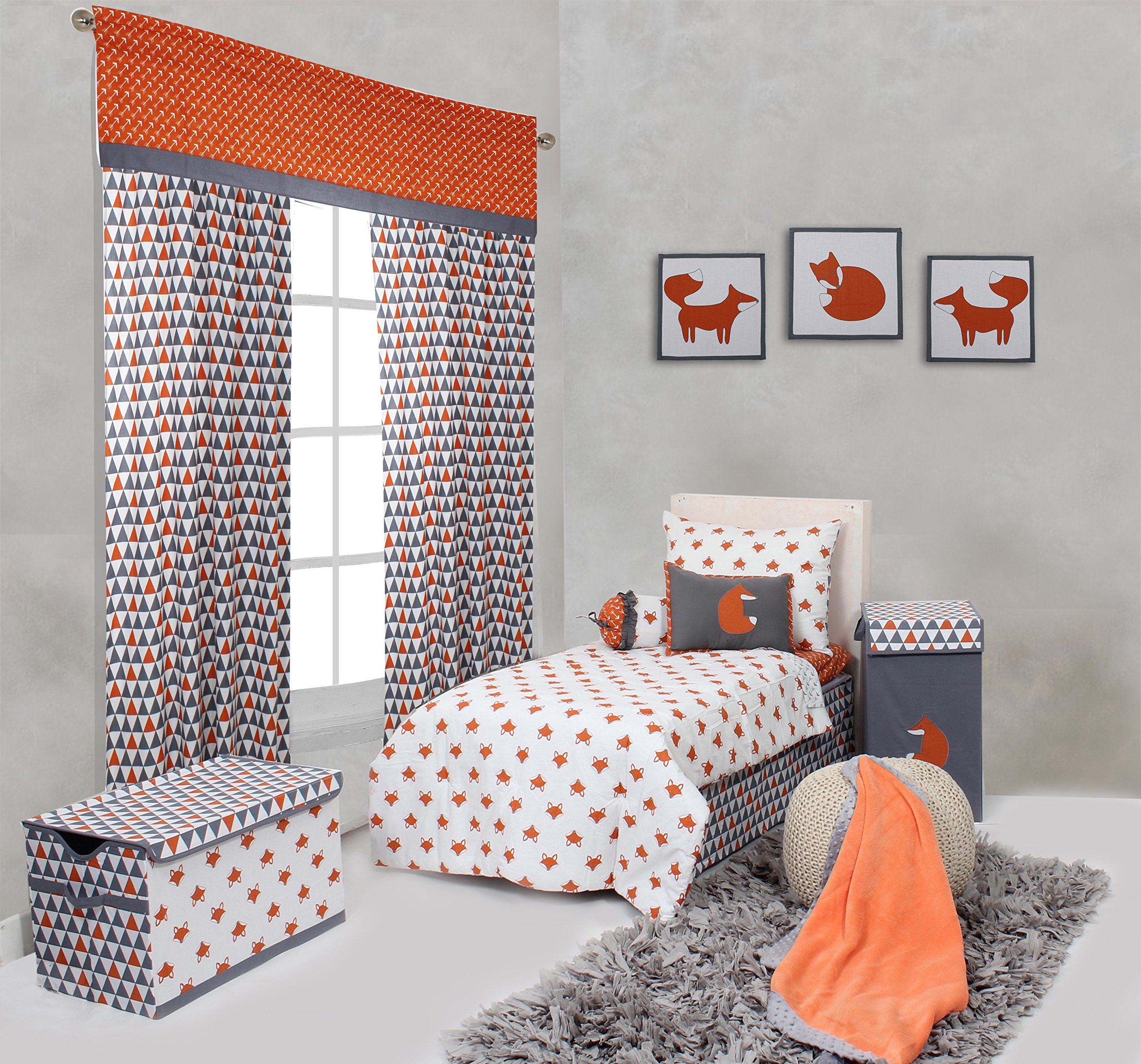 Bacati Playful Foxs 4 Piece Neutral Toddler Bedding Set, Orange/Grey 100 Percent Cotton Includes Reversible Comforter, Fitted Sheet, Top Sheet, and Pillow Case for Boys/Girls