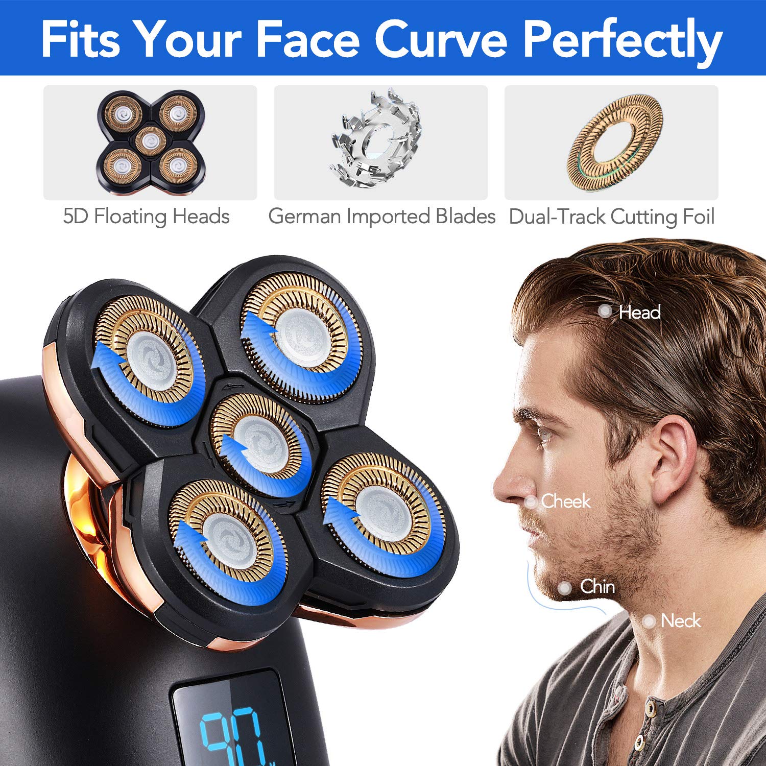 Electric Razor for Men,Plusdot 5D Wet Dry Electric Rotary Shaver Waterproof Grooming Kit,Men's Beard Trimmer 5 in 1 USB Rechargeable Cordless Bald Head Shaver Smooth Hair Trimmer
