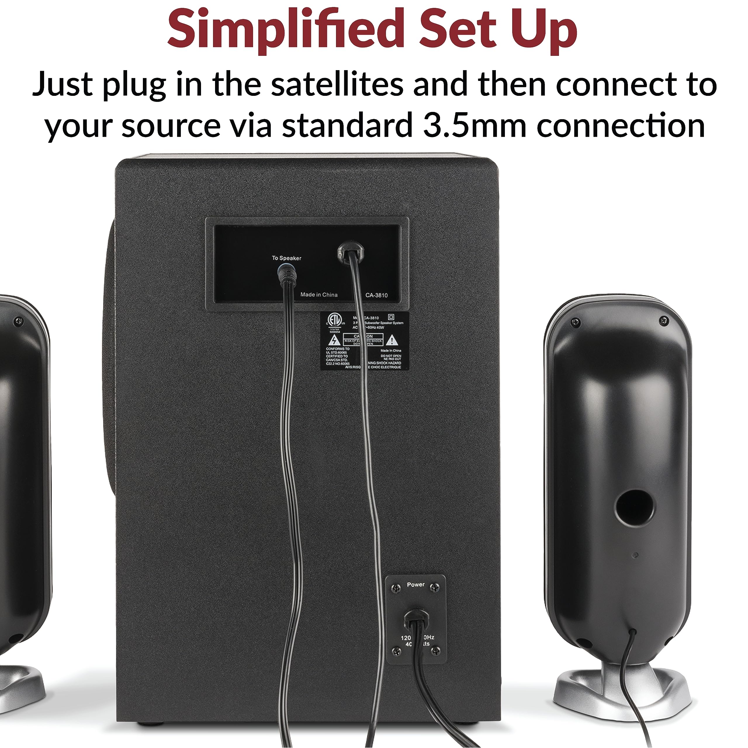 Cyber Acoustics CA-3810 2.1 Multimedia Speaker System with Subwoofer, 80 Watts Peak Power, Strong Bass, Perfect for Music, Movies, and Games