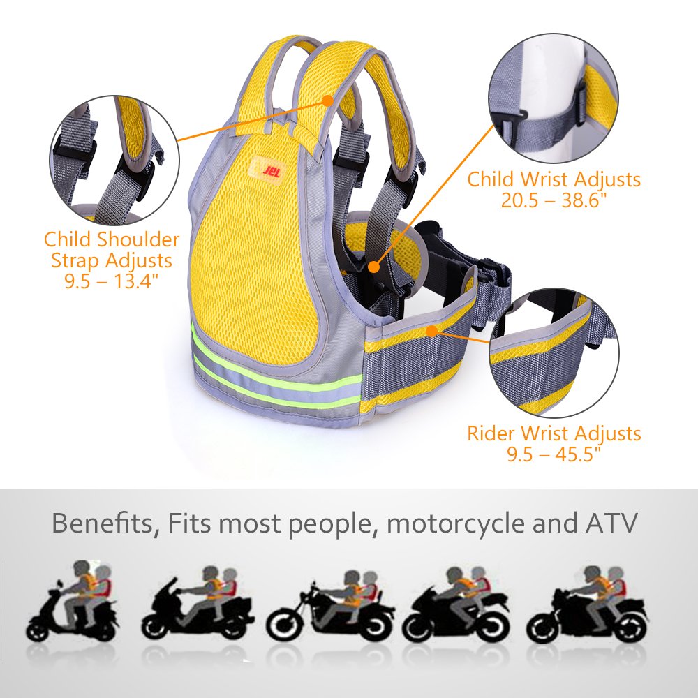 Jolik Child Motorcycle Safety Harness with 4 – in – 1 Buckle Breathable Material in Yellow