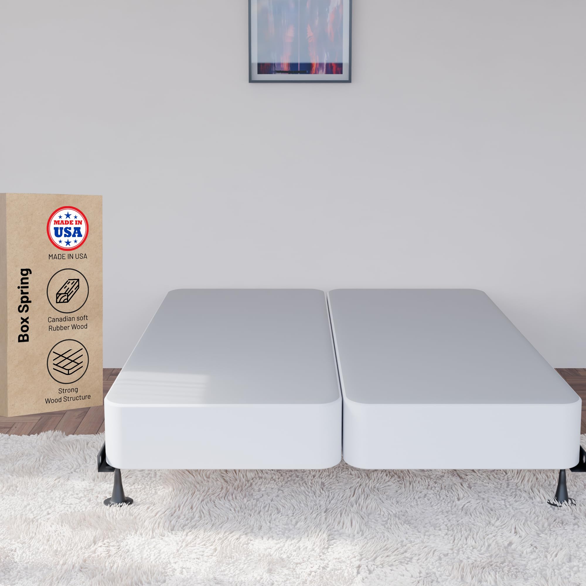 Greaton, 4-Inch Sturdy Box Spring for Mattress Support-Durable and Fully Assembled, Natural Wood Foundation for Full, White