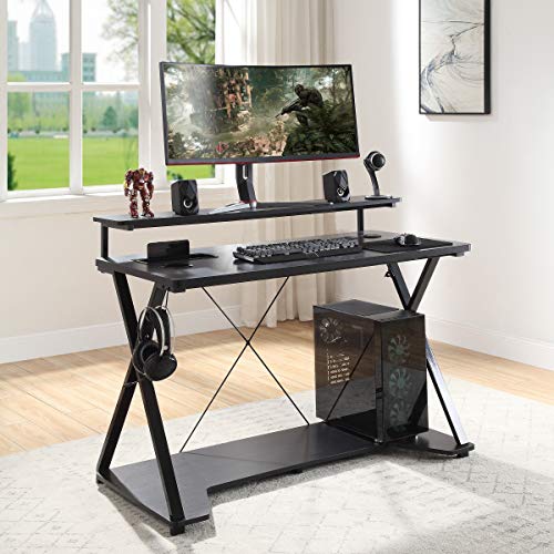 OSP Home Furnishings Checkpoint Ghost Battlestation Gaming Desk with RGB LED Lights, Black