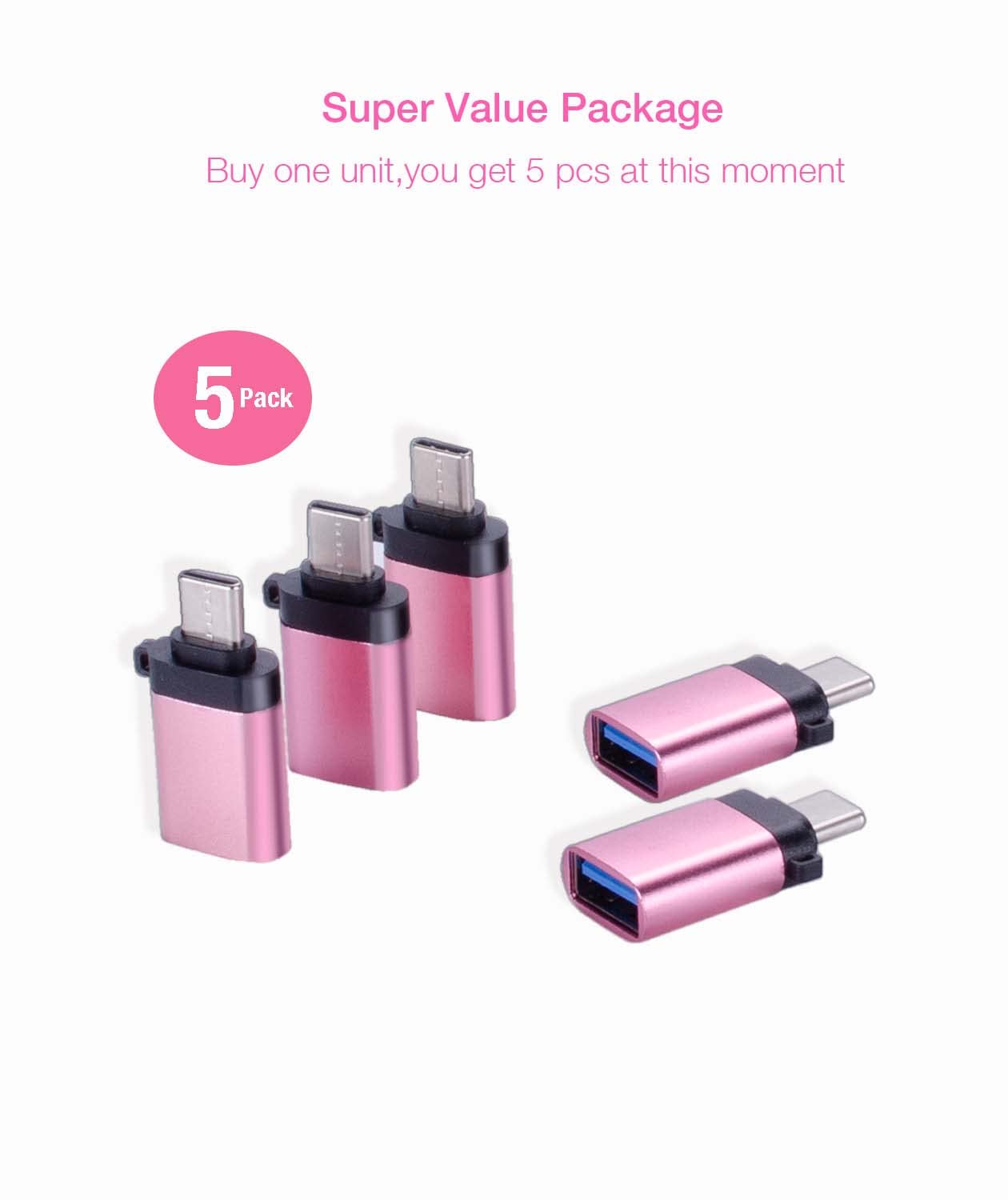USB C to USB Adapter(5 Pack), USB C to USB 3.0 Adapter, USB Type-C to USB,Thunderbolt 3 to USB Female Adapter OTG for MacBook Pro/Air 2020/2019/2018/2017,iPad Pro 2020,More Type-C Devices(Pink)