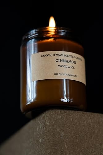 Coconut Wax Scented Candle - Wood Wick - Paraffin Free - Long Lasting - Crackle - Essential Oils - Smoke Free - (Cinnamon, 8 Oz.)