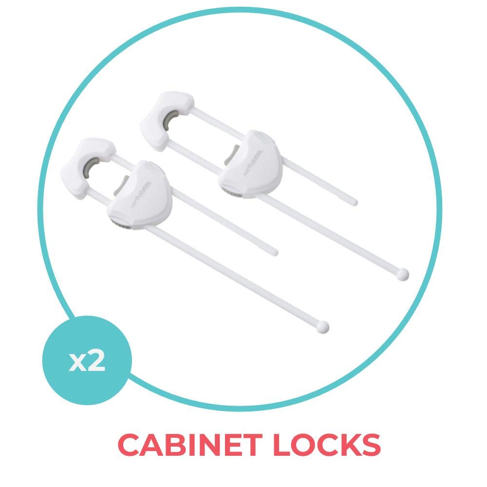 Toddleroo by North States Large Sliding Cabinet Locks | Keep Side by Side cabinets Safely & securely Closed | Works on Cabinet Handles up to 4.5" Apart | Baby proofing with Confidence (2-Pack, White)