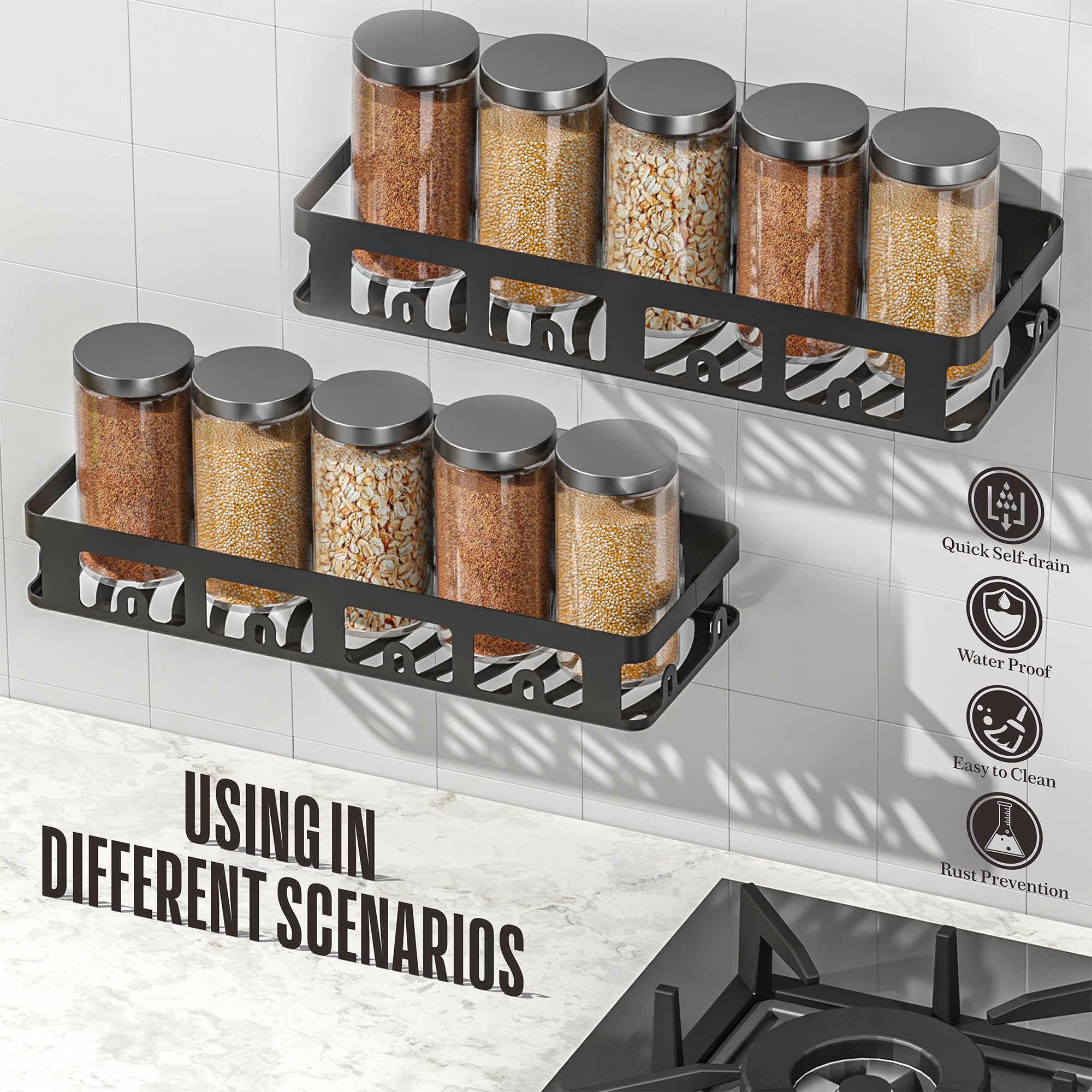 NIFISLOY Shower Caddy Organizer Rack 2 Pack, Rustproof Stainless Steel, 2 Shelves, Drill-Free Shower Shelves for Bathroom
