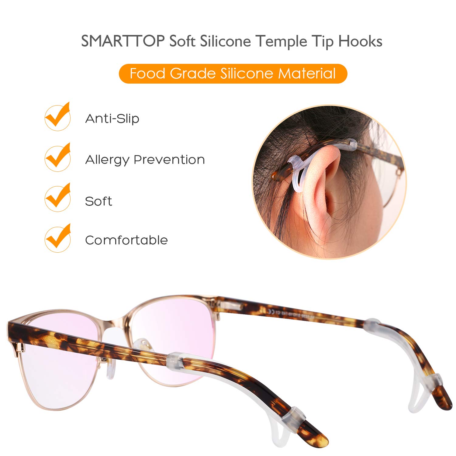 SMARTTOP Eyeglasses Ear Grips Sleeve-Upgrade anti-slip Silicone Eyeglasses Temple Tips Sleeve Retainer-Sleeve with Hook design-Soft and comfort Glasses Ear hooks 6Pairs (WHITE)