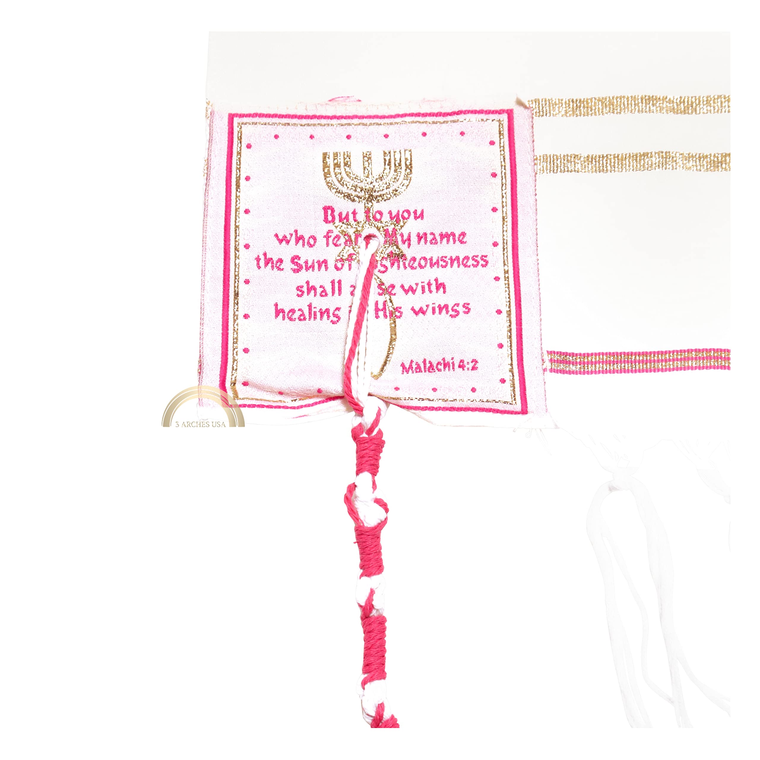 3 ARCHES USA, New Covenant Prayer Shawl Christian, Pink Messianic Tallit 72βX22β With Bag, Israel Design.