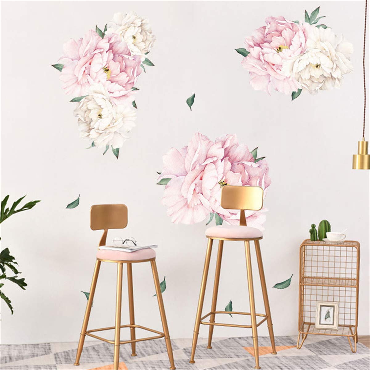 Peony Flowers Wall Sticker Waterproof PVC Rose Flowers Wall Decals Removable Floral Wall Decor Sticker for Living Room Bedroom Nursery Room