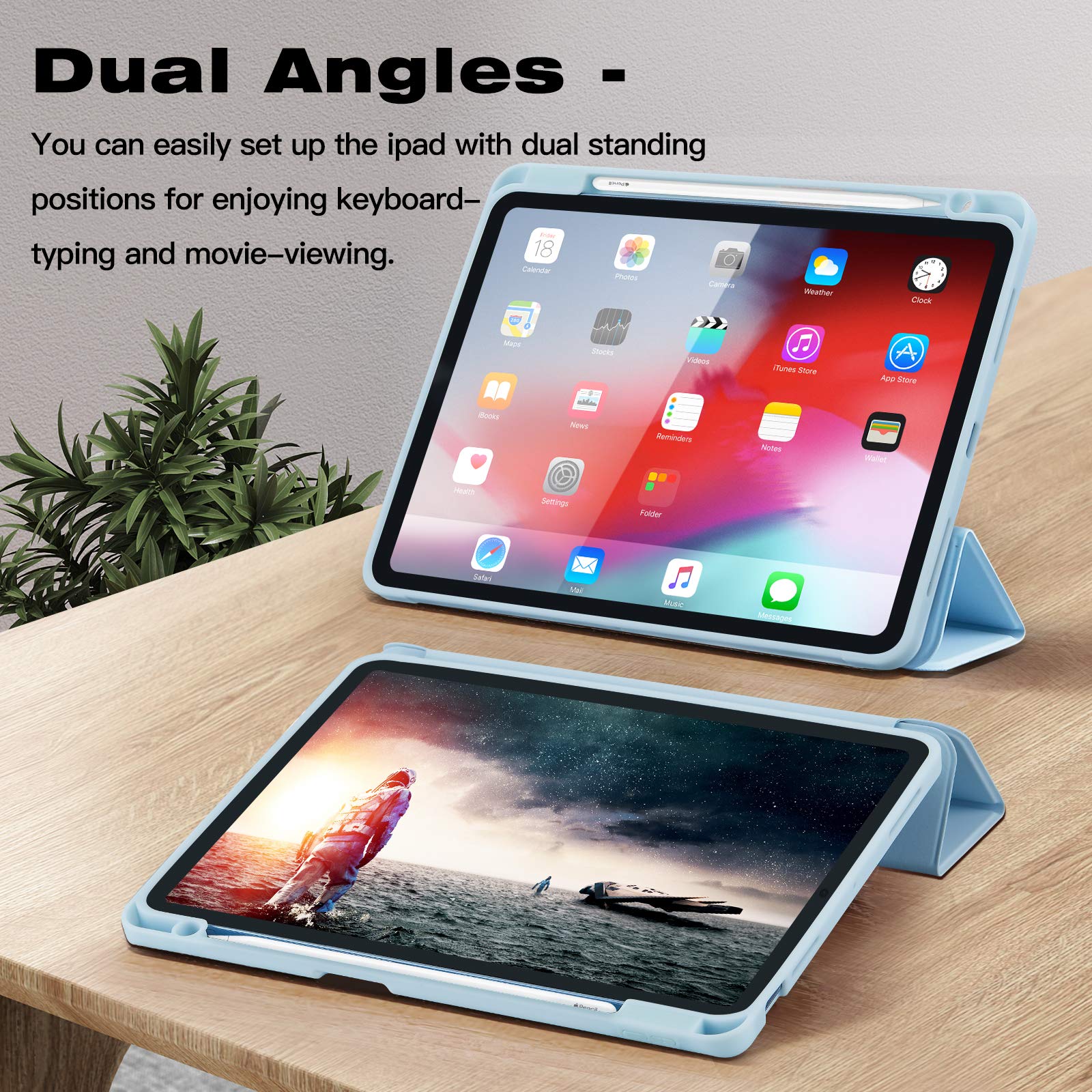 iPad Air 11 Inch Case 2024 / Air 6th 5th 4th Generation 2022/2020 10.9 Inch with Pencil Holder [Full Body Protection + Apple 2nd Pencil Charging and Auto Wake/Sleep] Smart Stand Case (Sky Blue) ﻿