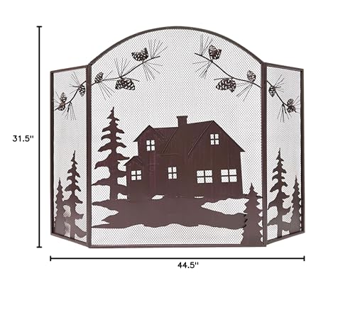 BestGiftEver 3-Panel Fireplace Screen Decorative with House Cabin Lodge Pine Cone Design - Stand Alone Fireplace Cover Metal Mesh Screen - Home Decorative Firescreen forRustic Western Country Style