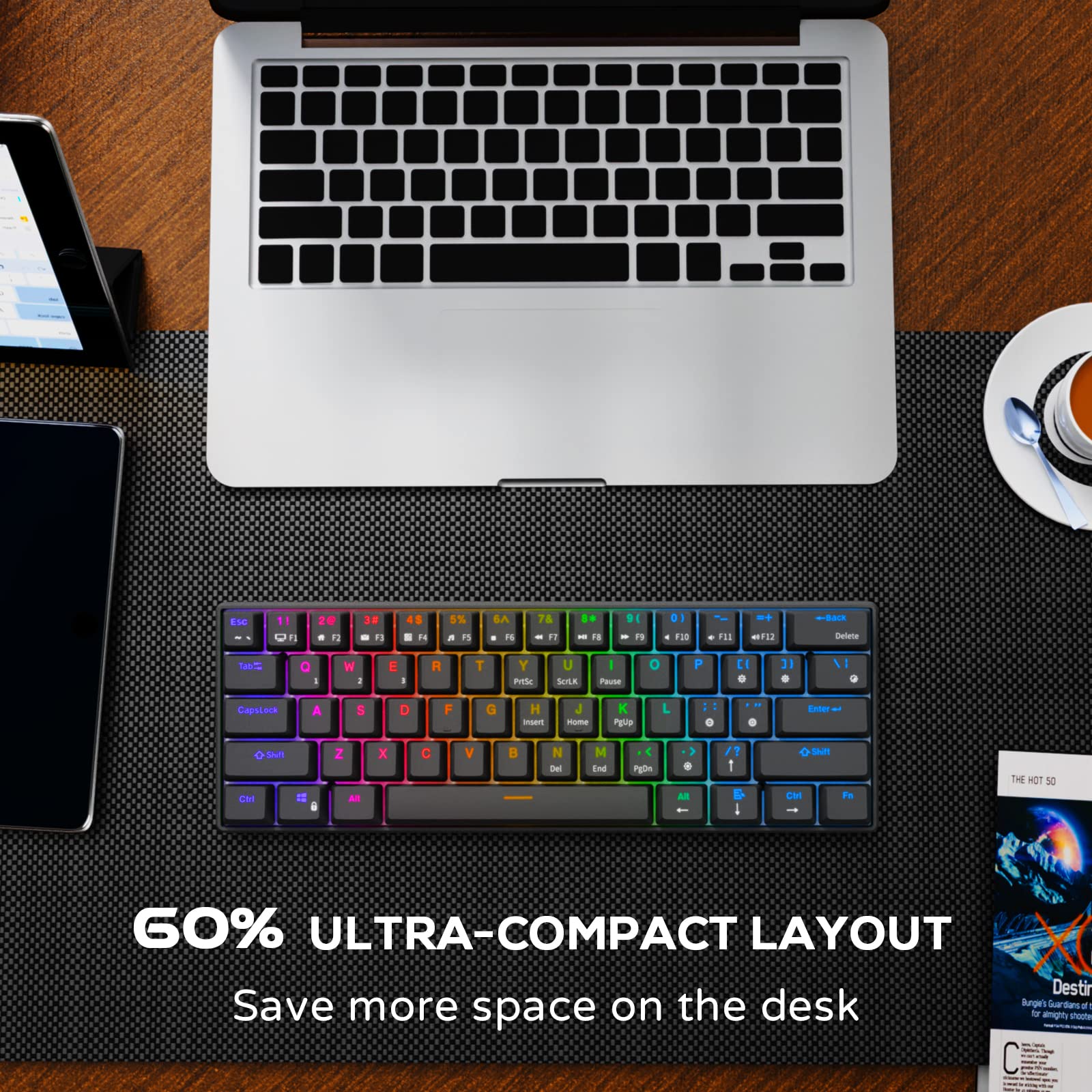 RK ROYAL KLUDGE RK61 60% Mechanical Keyboard with Coiled Cable, 2.4Ghz/Bluetooth/Wired, Wireless Bluetooth Mini Keyboard 61 Keys, RGB Hot Swappable Red Switch Gaming Keyboard with Software - Black