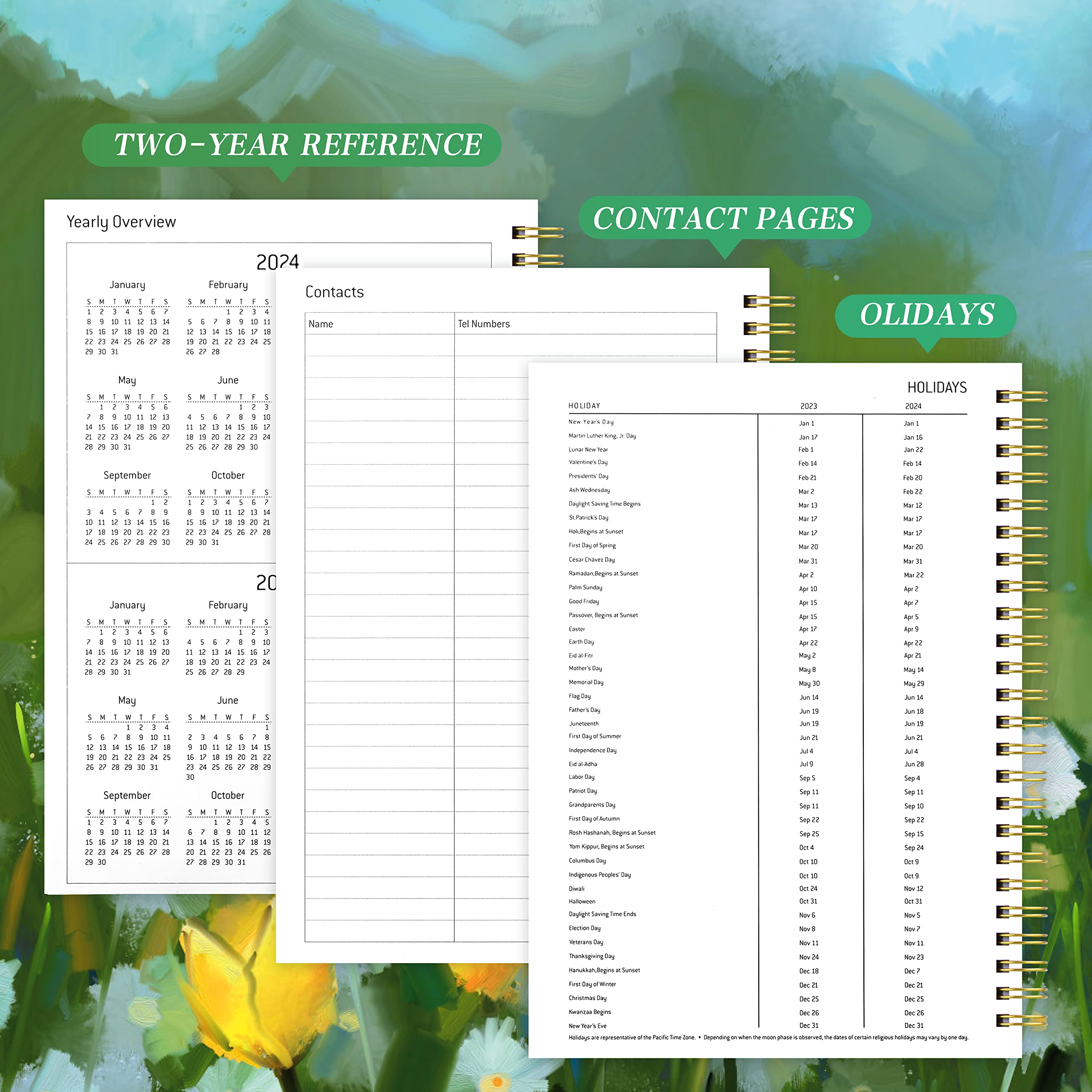 2024 Planner, Daily Weekly Monthly Planner with Tabs, 8.5" x 6.4", Hardcover, Elastic Closure, Inner Pocket, Floral Agenda Organizer & Calendar Jan 2024 to Dec 2024, Green Flower