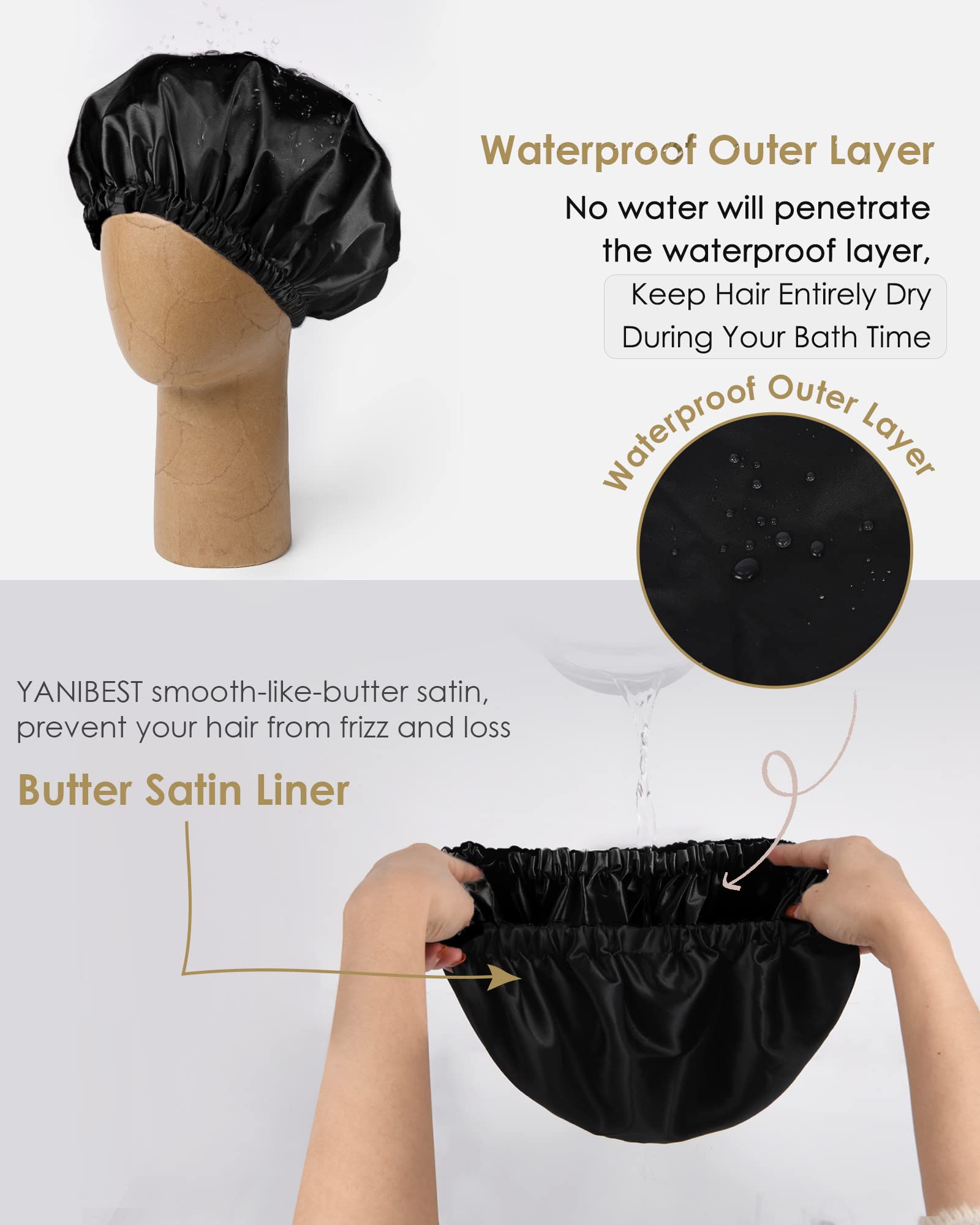 Yanibest Shower Cap for Women - Hair Satin Bonnet Shower Cap for Men Waterproof Extra Large Double Layer Reusable Adjustable for Braids Long Hair (Large,Black)