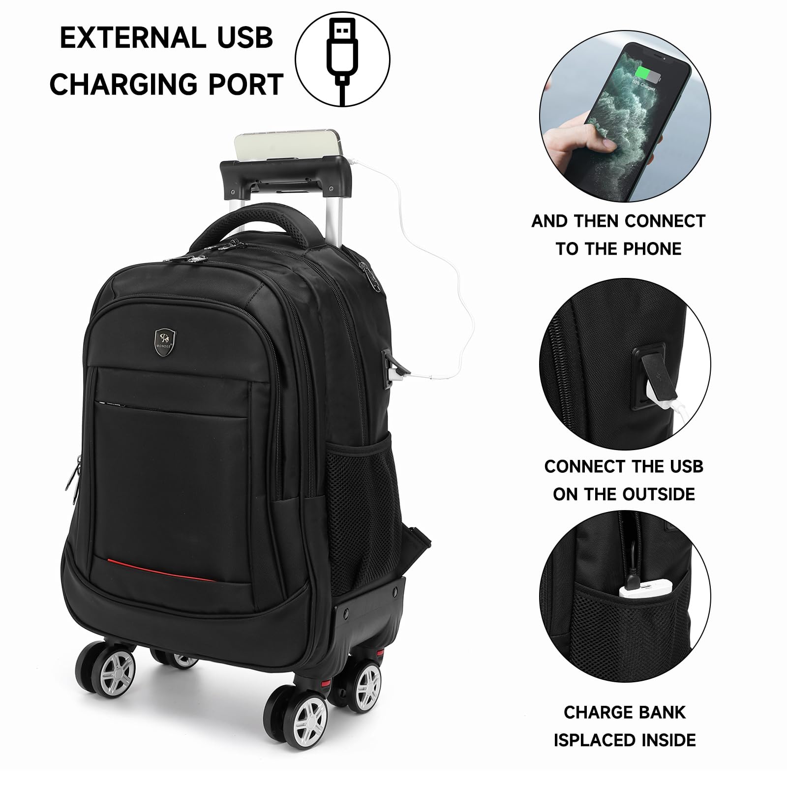 360 °rotating Water Resistant Rolling Backpack with Wheels, Travel Fit 15.6 Inch Laptop Backpack Airline Approved With Usb Charging Port,Carry on Luggage Backpack with 4 Wheels