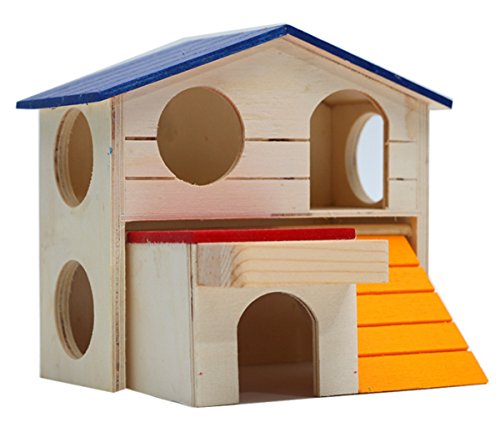 Hamiledyi Pet Small Animal Hideout Hamster House Deluxe Two Layers Wooden Hut Play Toys Chews